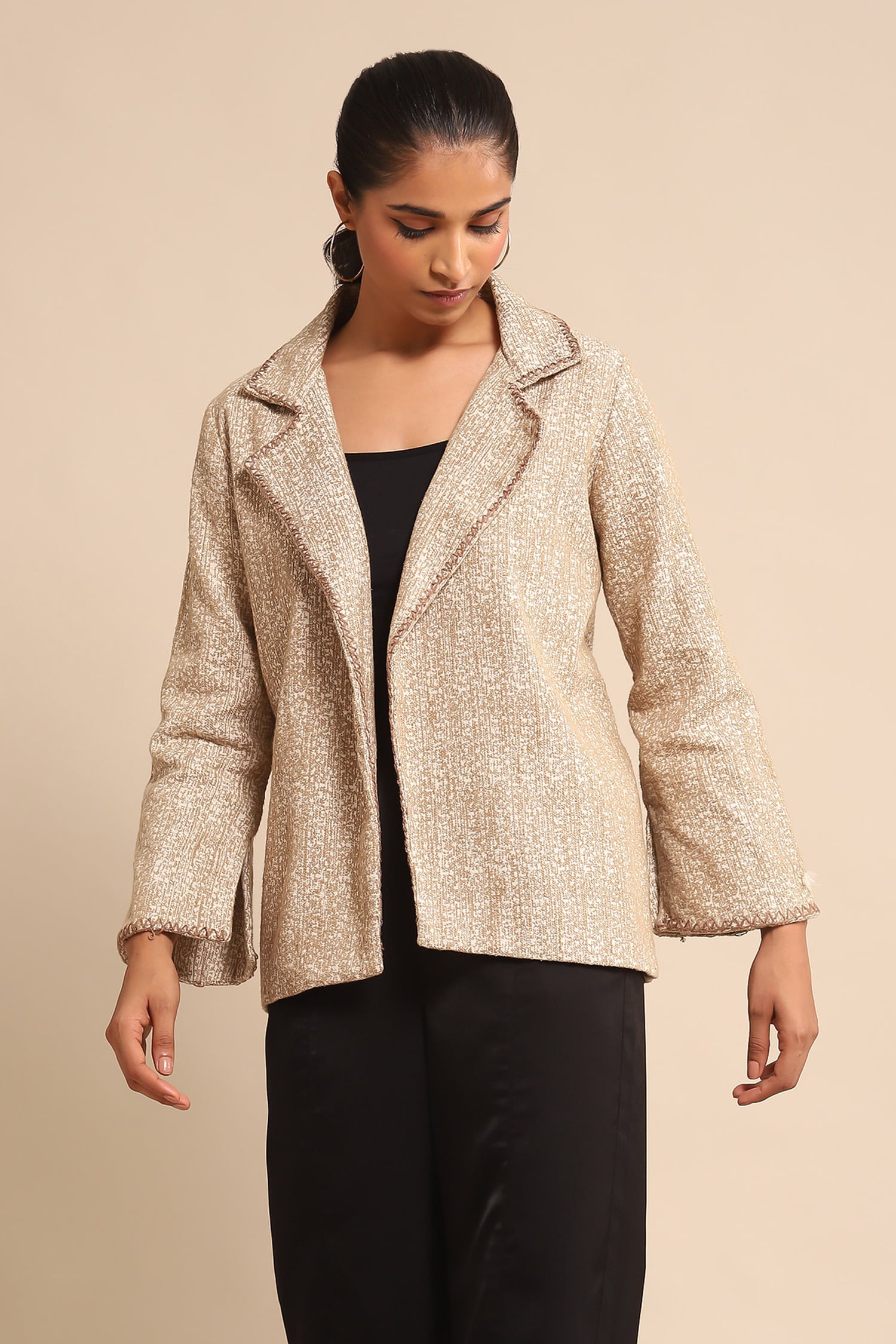 Buy Beige 100 % Cotton Woven Textured Lapel Collar Jacket For Women by ...