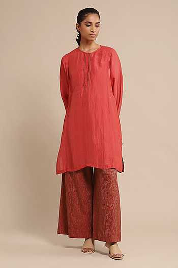 Buy Red 55% Linen Solid Round Kurta For Women by Ritu Kumar Online at ...