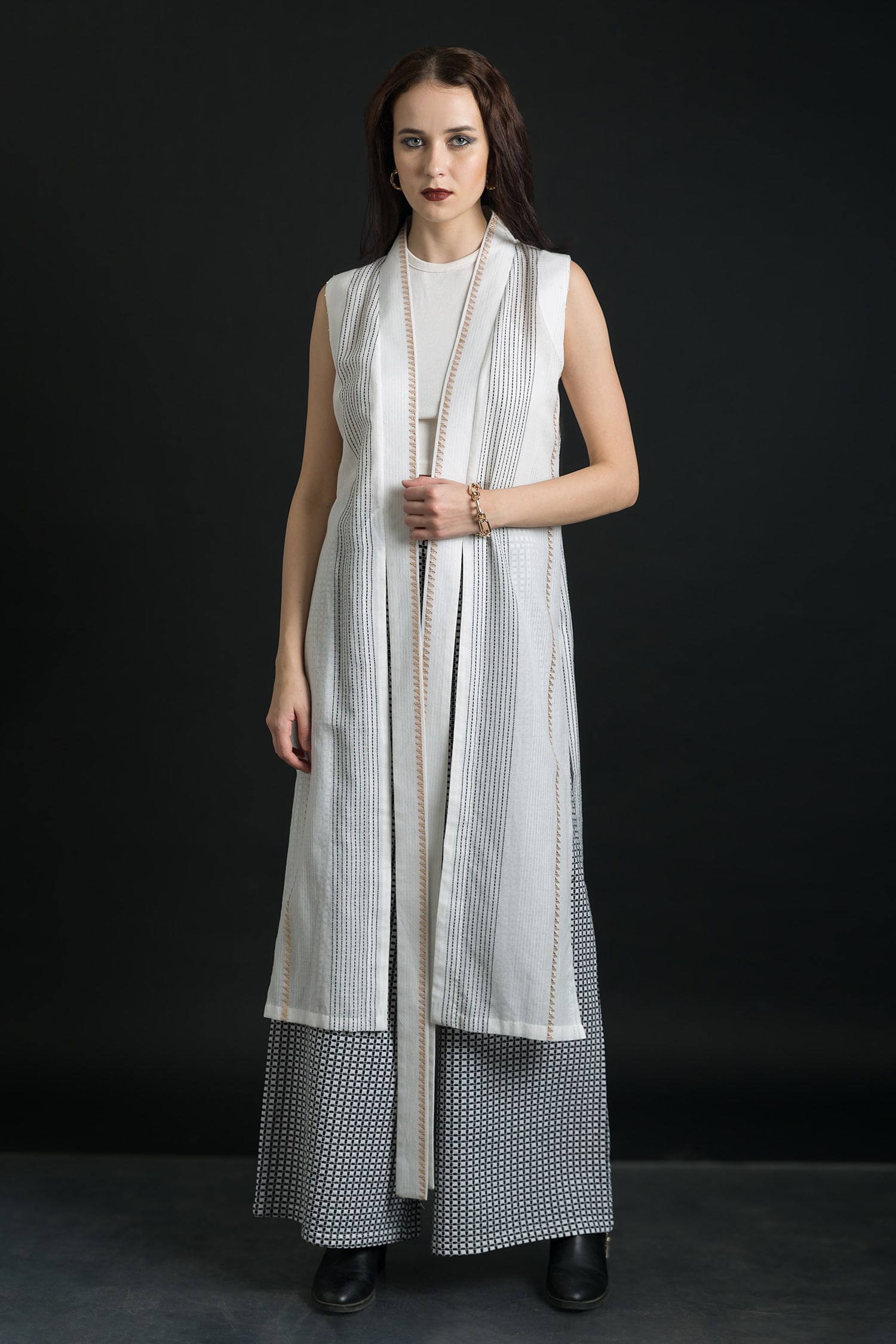 Buy White Cotton Woven Stripe Front Slit Jacket With Check Pattern Pant ...