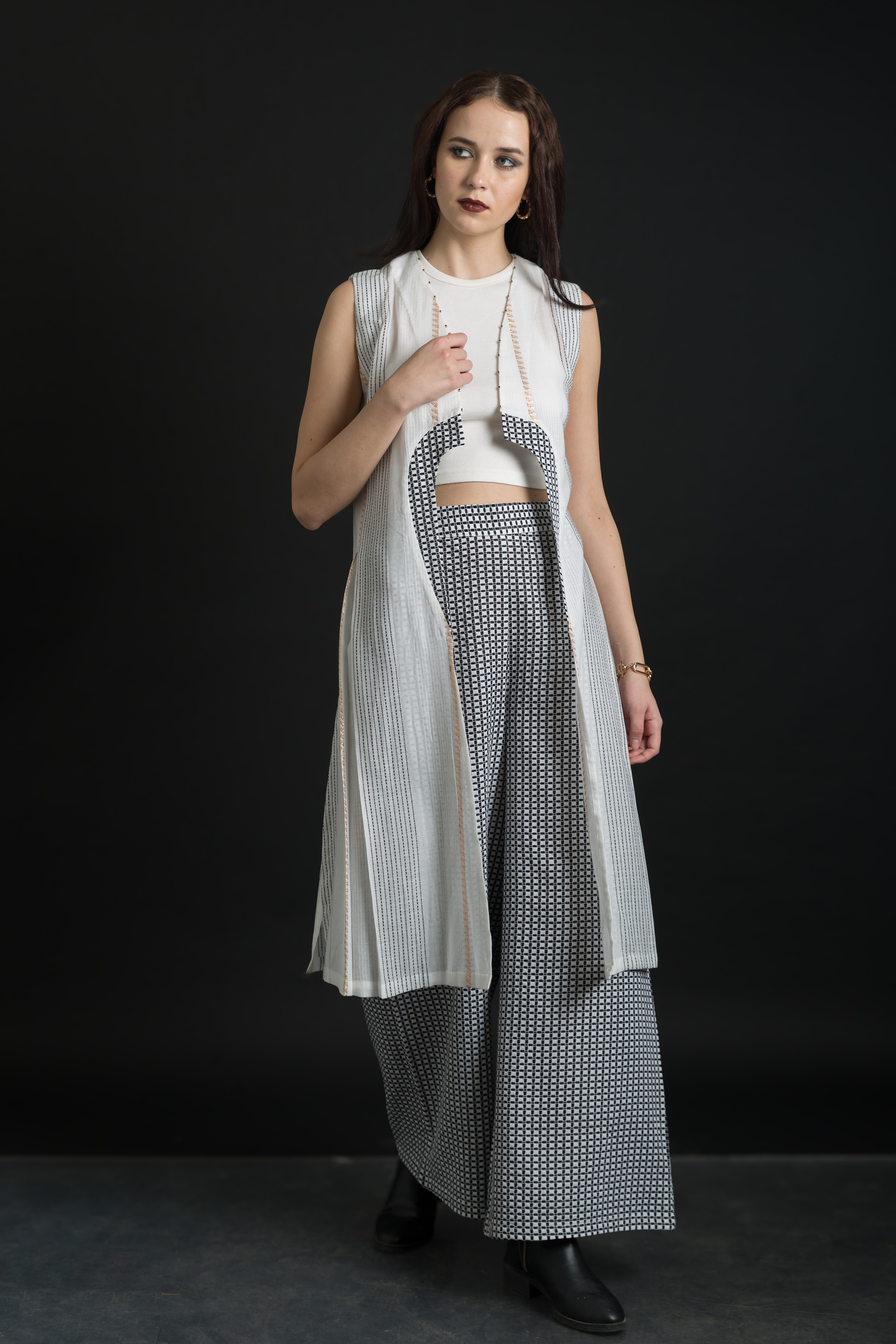 Buy White Cotton Woven Cut-out Panel Jacket With Checkered Pattern Pant ...