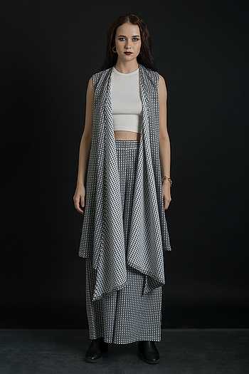Buy White Cotton Checks Open Patterned Asymmetric Jacket With Pant For ...