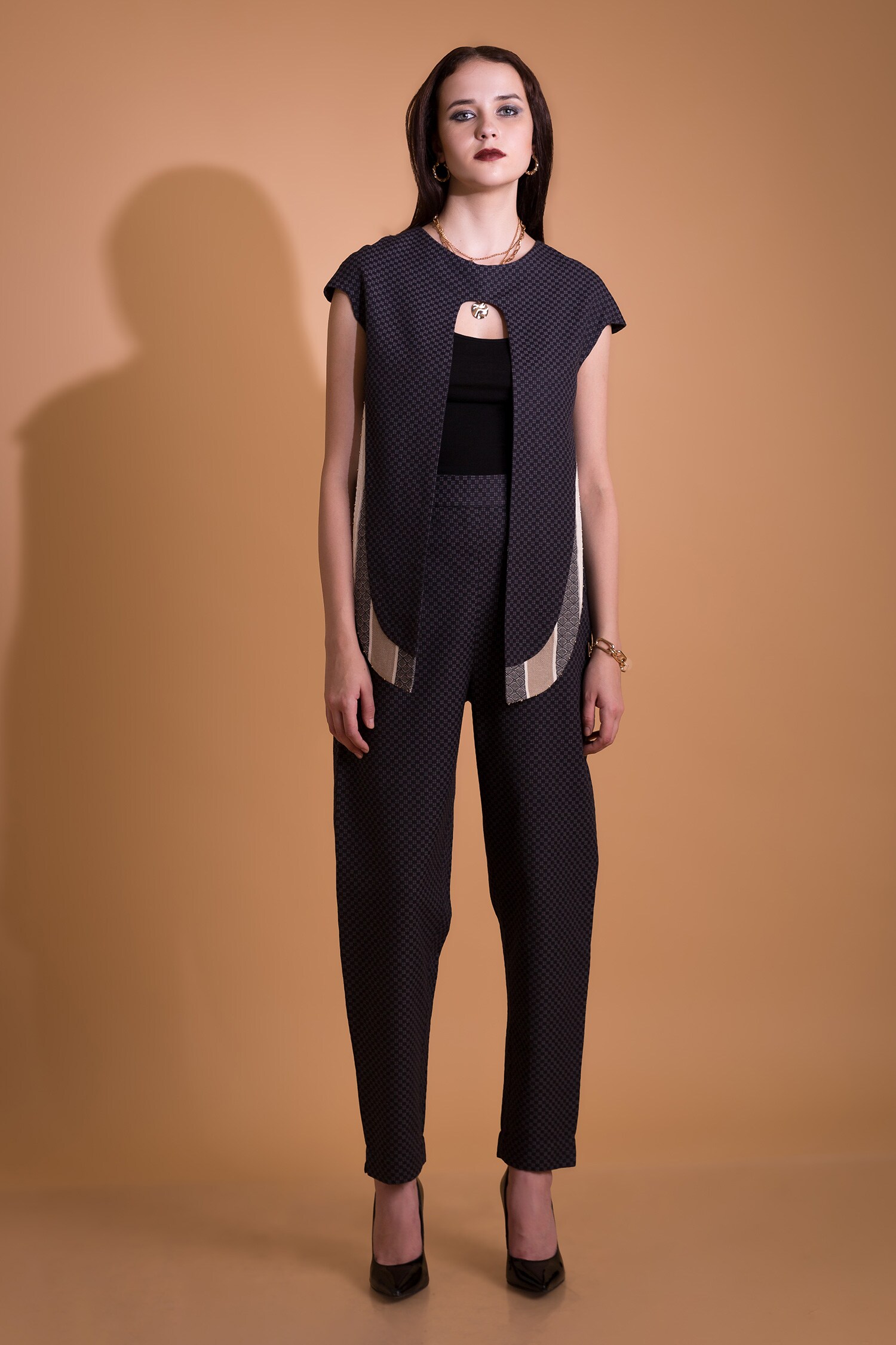 Buy Grey Cotton Checks Outer Top: Checkered Pattern Cut-out With Inner ...