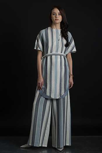 Buy Blue Cotton Woven Diamond Jaal Round Pattern Tunic With Flared Pant ...