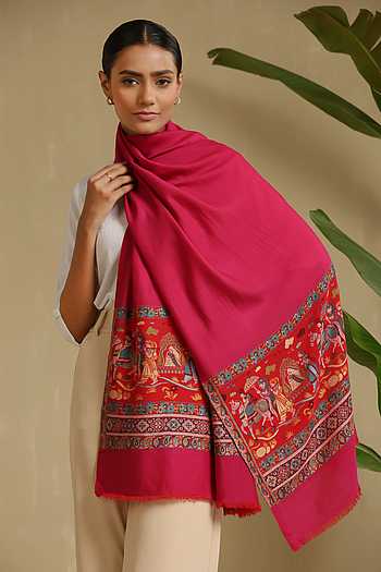 Buy Pink Woven Isha Jamawar Border Cashmere Stole by DUSALA Online at ...