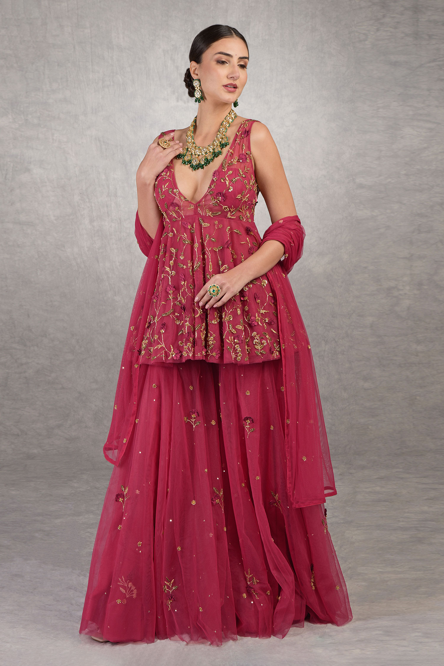 Buy Red Tulle Embroidered 3d Flower Plunged Floral Peplum Top Sharara ...