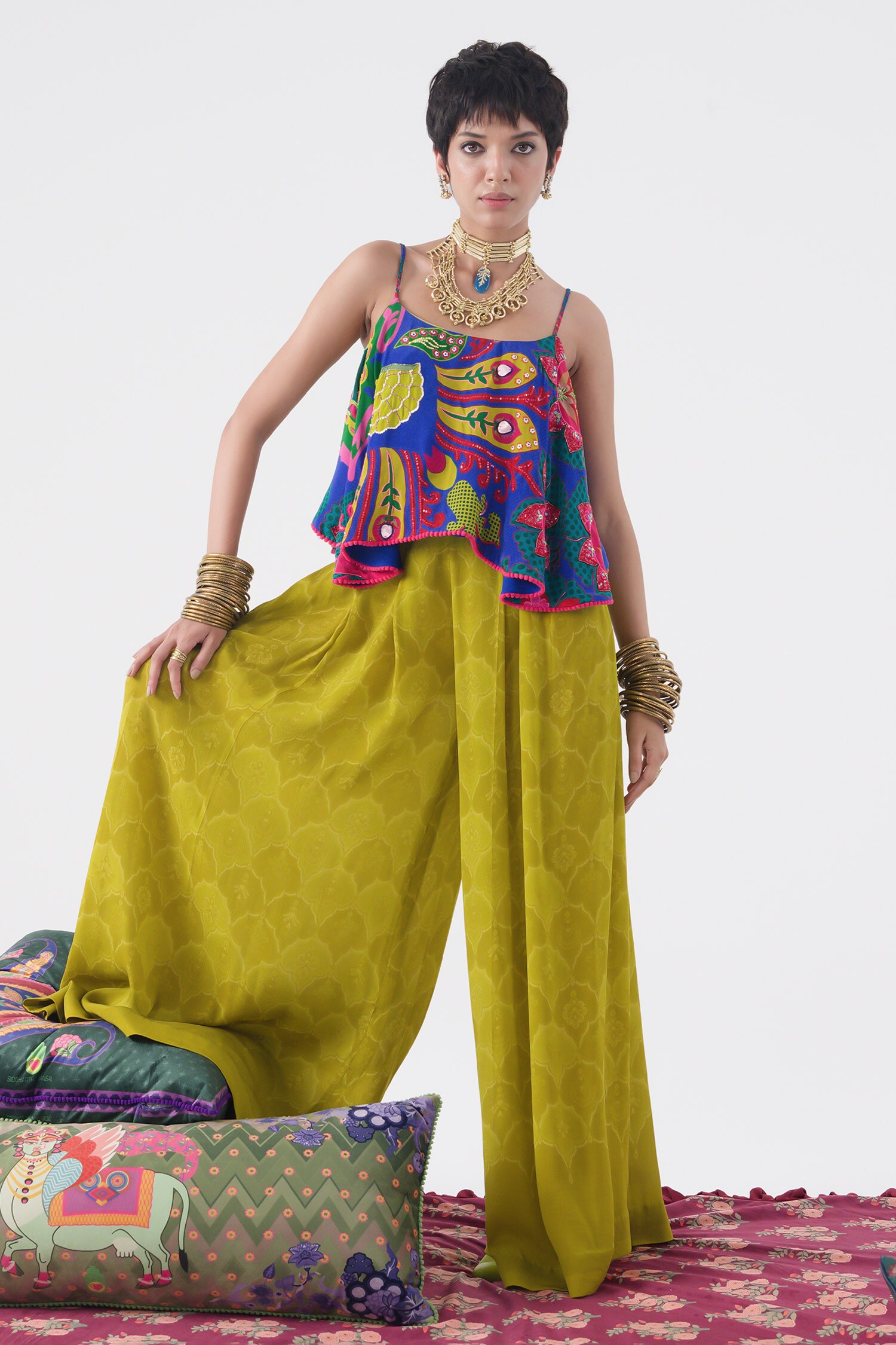 Buy Blue Top Shell Crepe Print Playful Damask Semi Strappy With Palazzo ...