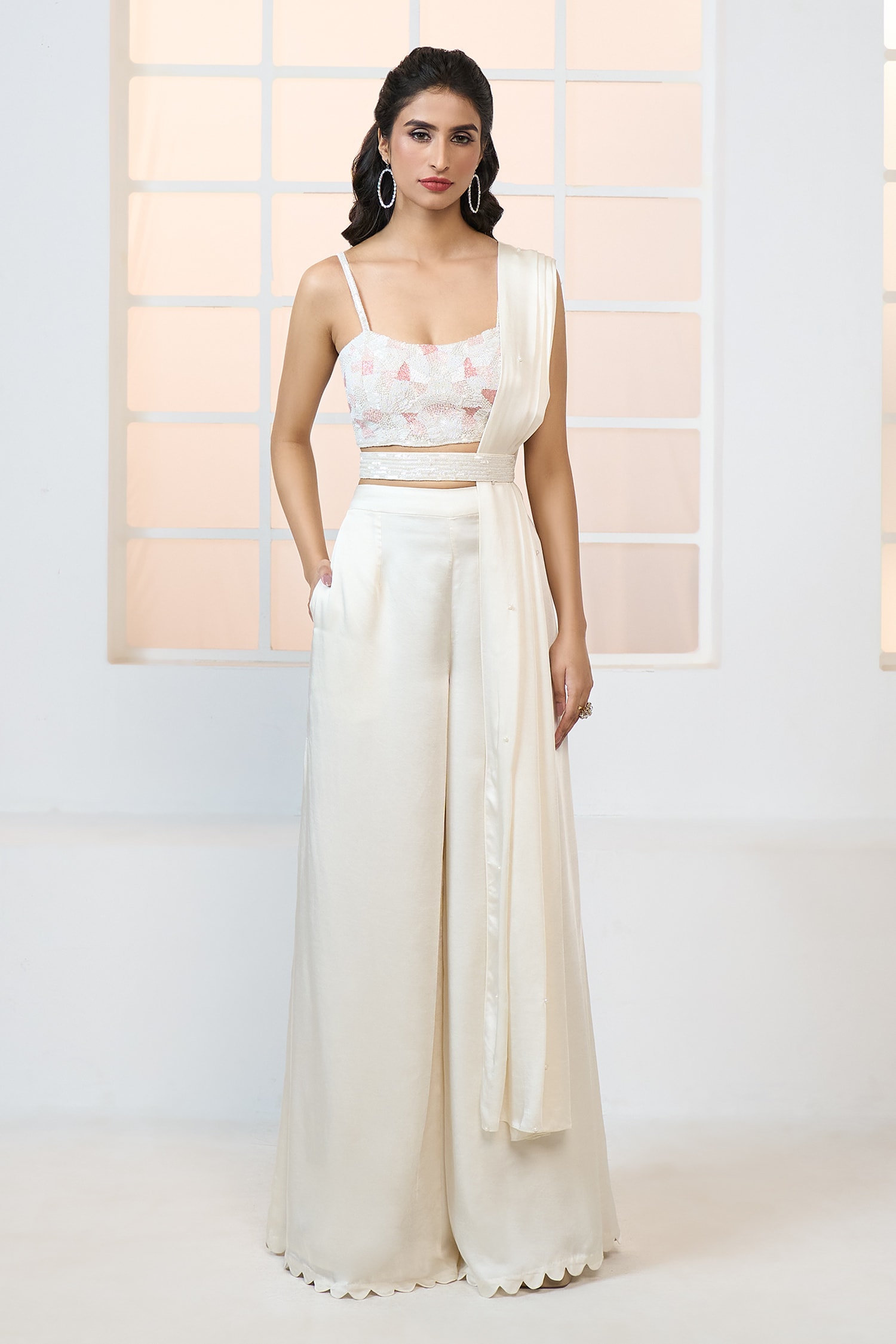 Buy Ivory Bustier And Belt- Butterfly Net Hand Embroidered Beads ...