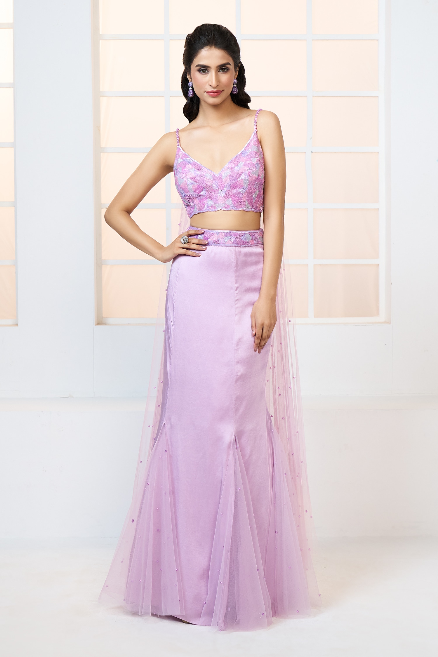 Buy Purple Bustier And Drape- Butterfly Net Hand & Fish Cut Skirt Set ...