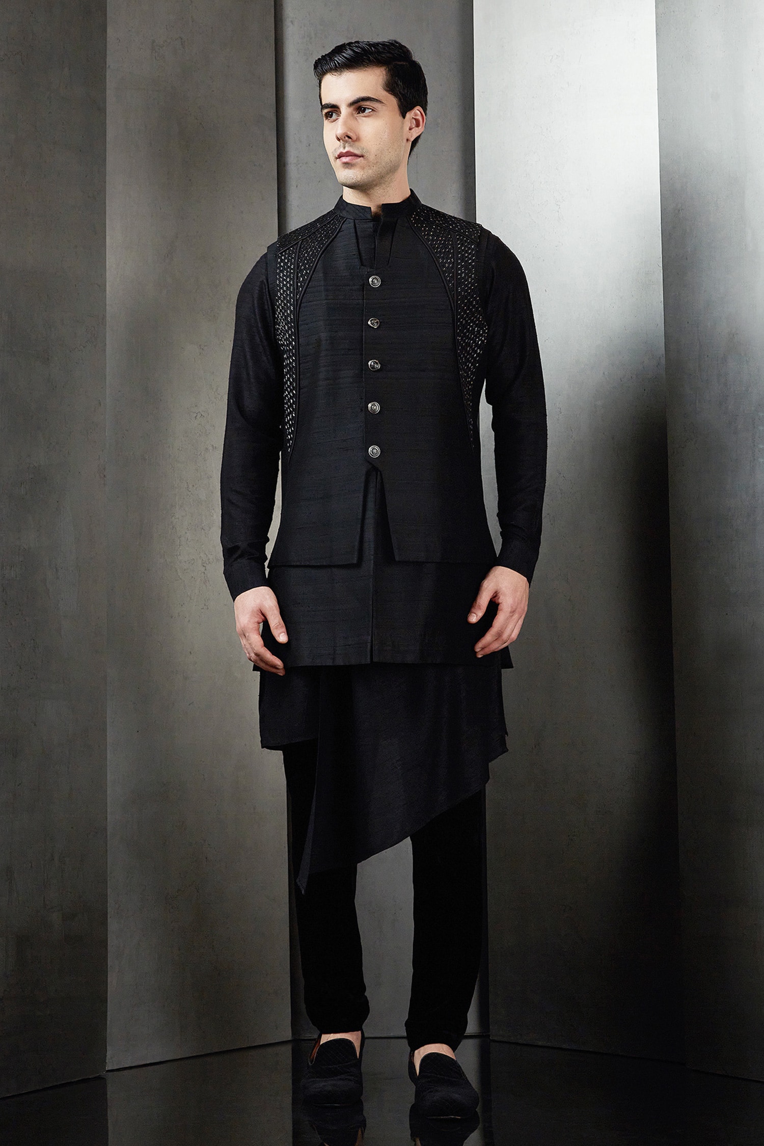 Buy Black Cotton Embroidery Nalki Panel Double Layered Bundi For Men by ...