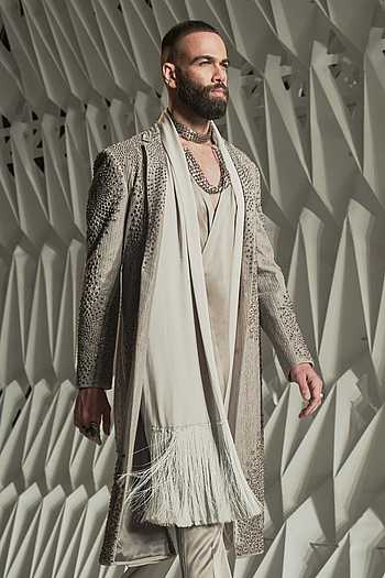 Buy Grey Satin Solid Cosmati Wrap-around Kurta For Men by Rohit Gandhi ...