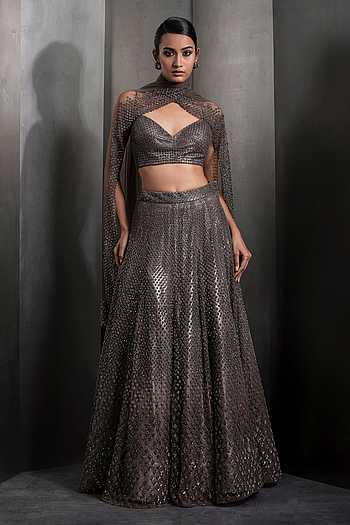 Buy Grey Tulle Embroidered Sequin Deep V-neck Metallic Lehenga Set For ...