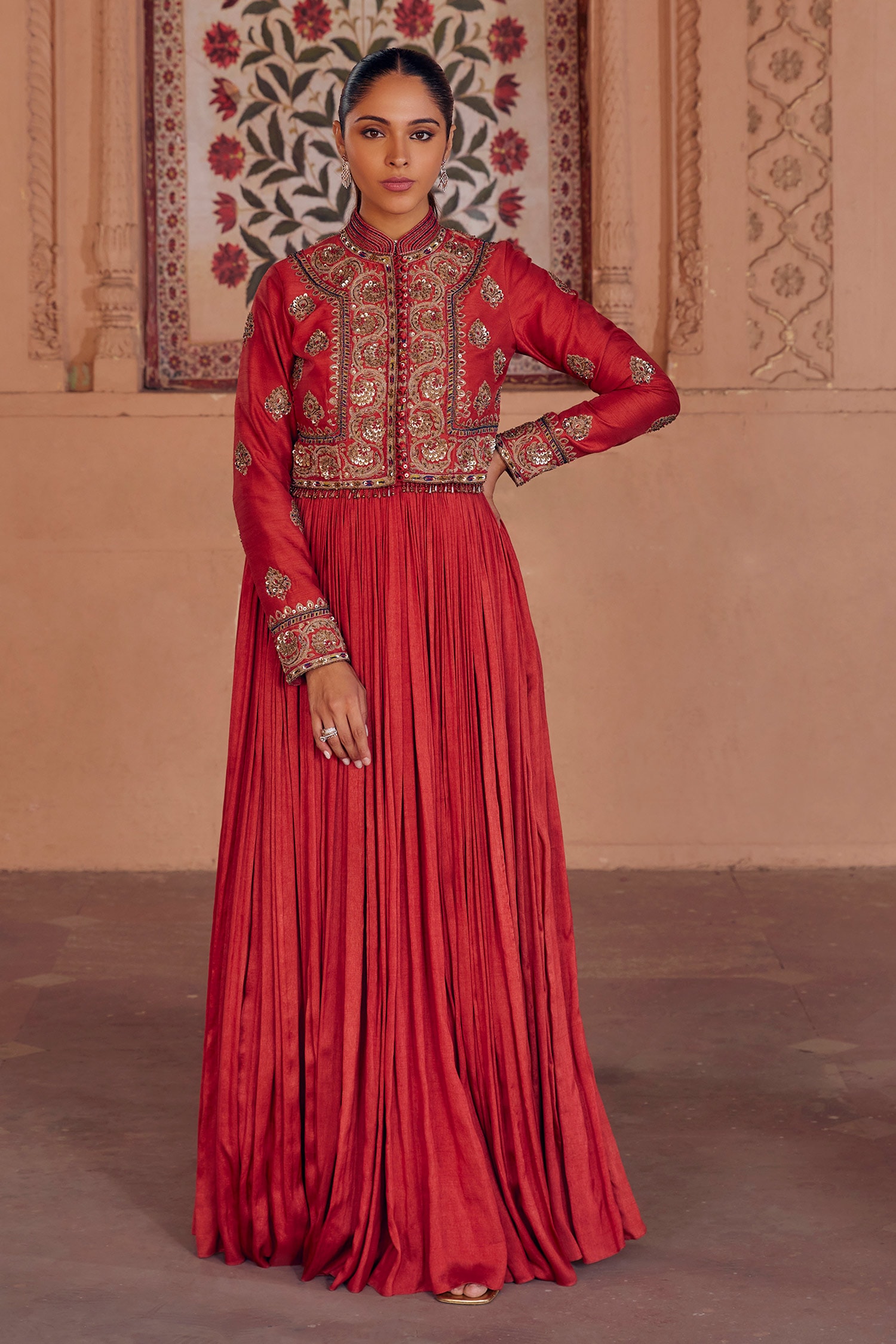 Buy Red Fine Silk Embroidered Resham Thread Jacket Madhavi And Anarkali ...