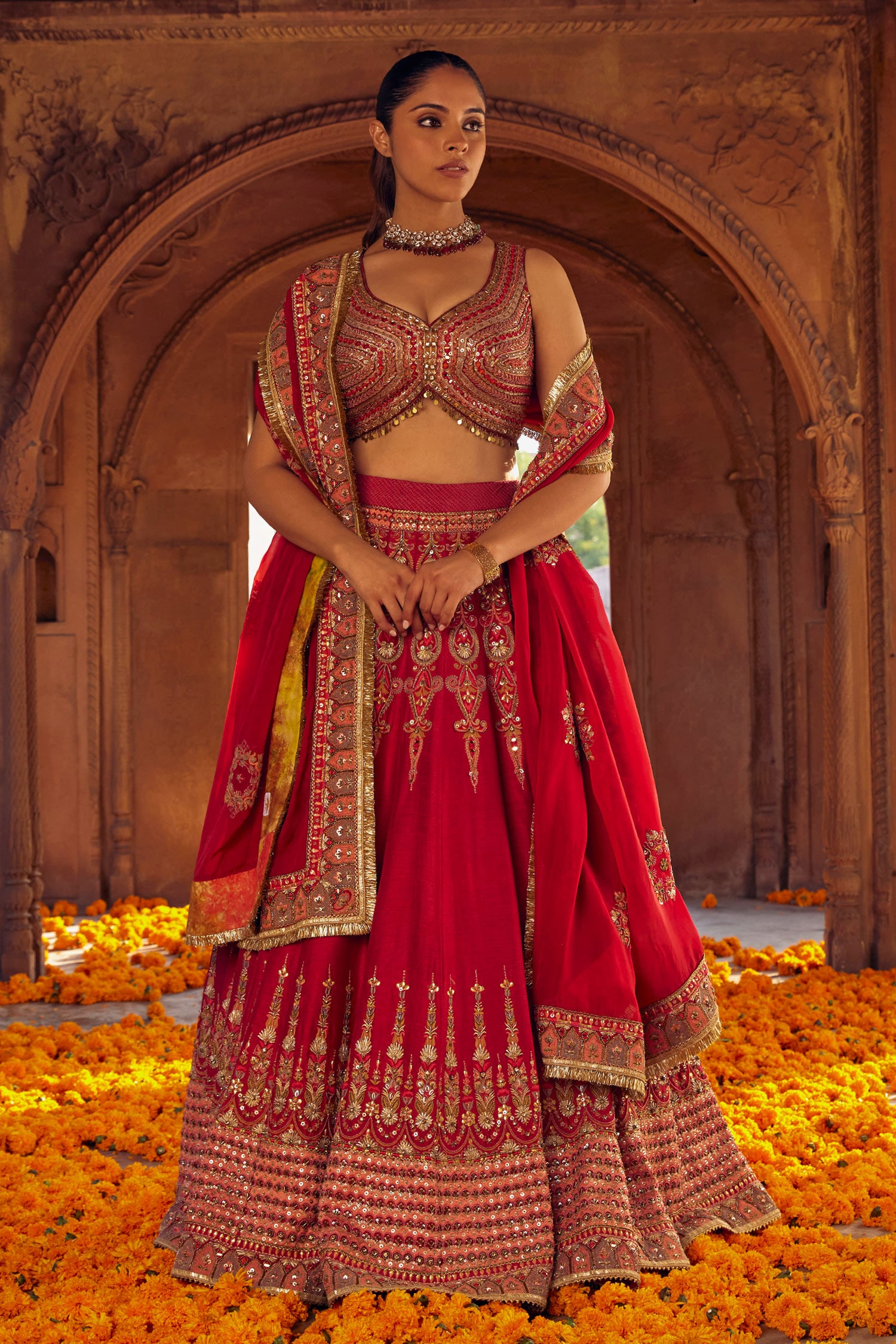 Buy Red Raw Silk Embroidered Resham Leaf Hairat And Mirror Lehenga Set ...