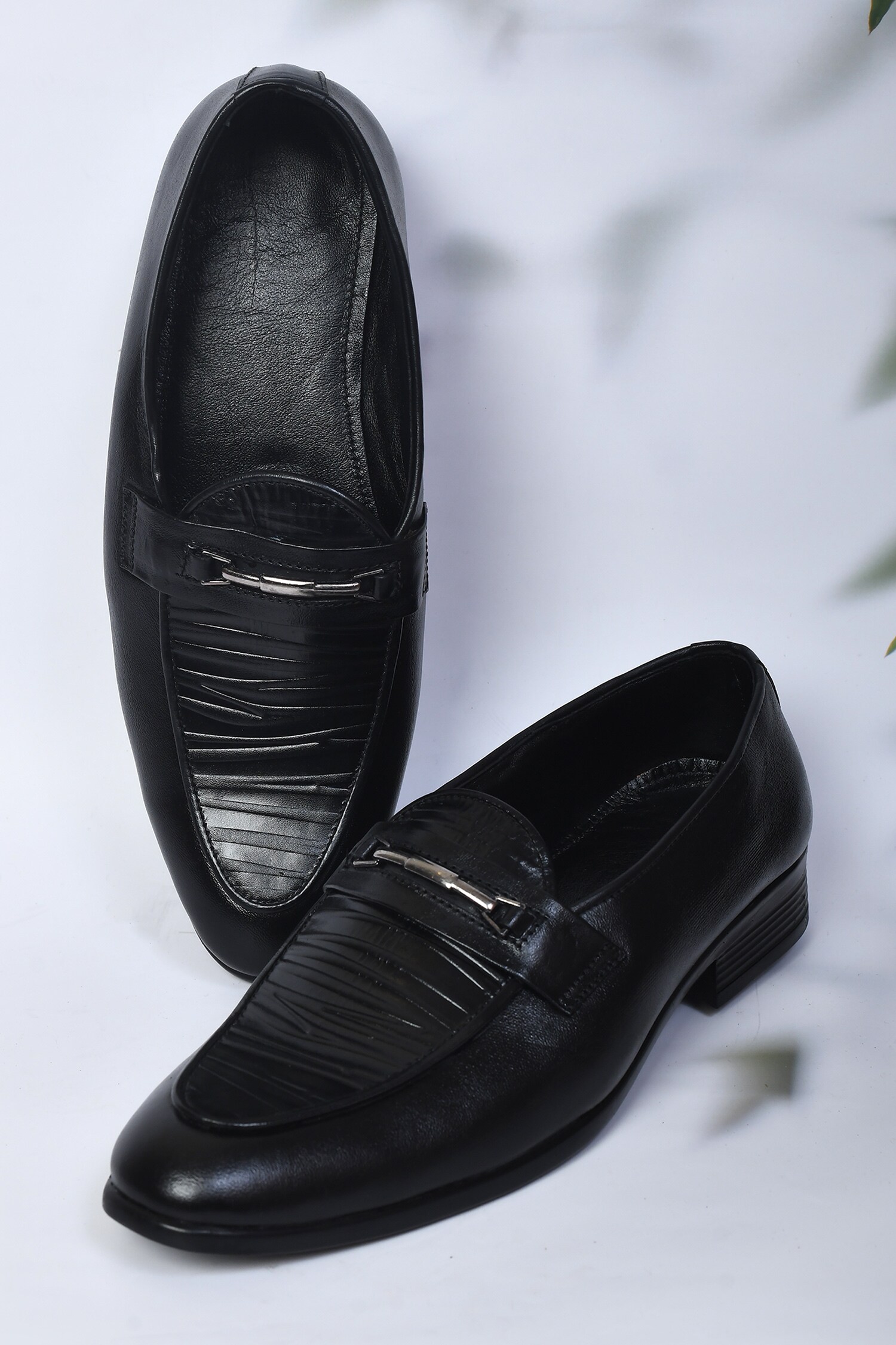 Buy Black Embellished Textured Slip On Leather Shoes For Men by Arihant ...