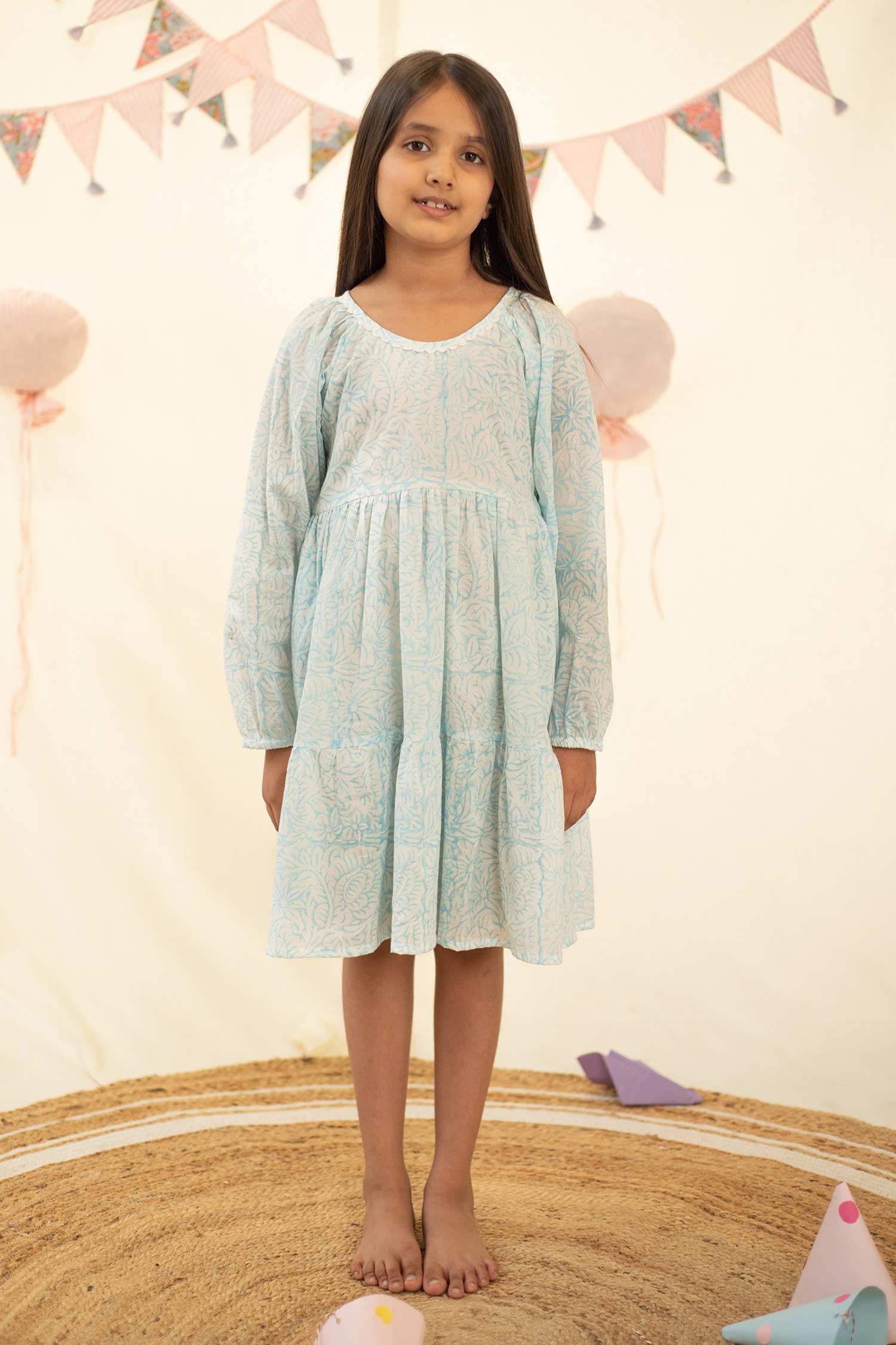 Buy Blue 100% Cotton Hand Block Print Floral Vine Dress For Girls by ...