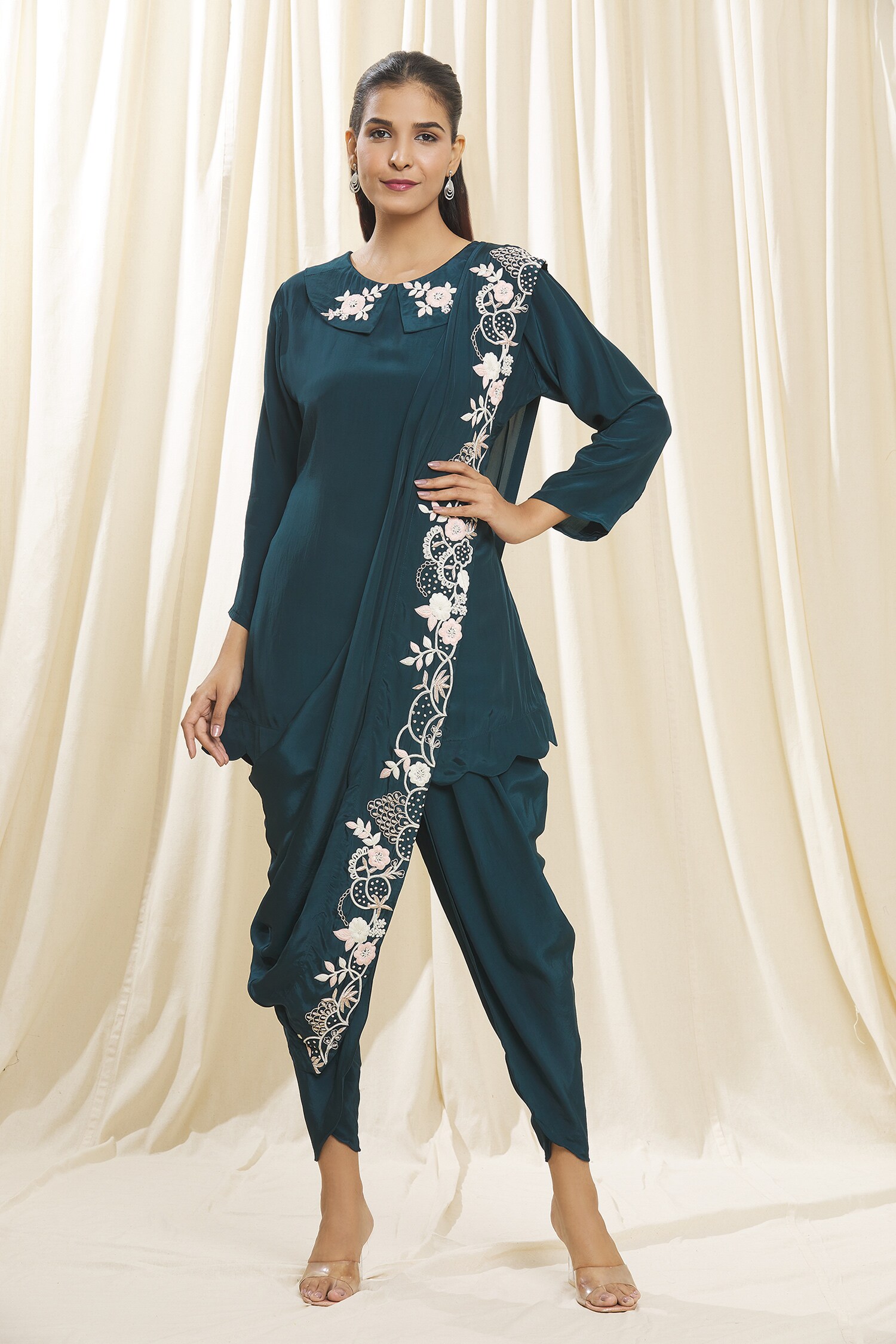 Buy Blue Natural Crepe Embroidered Zardozi And Resham Work A-line Kurta ...