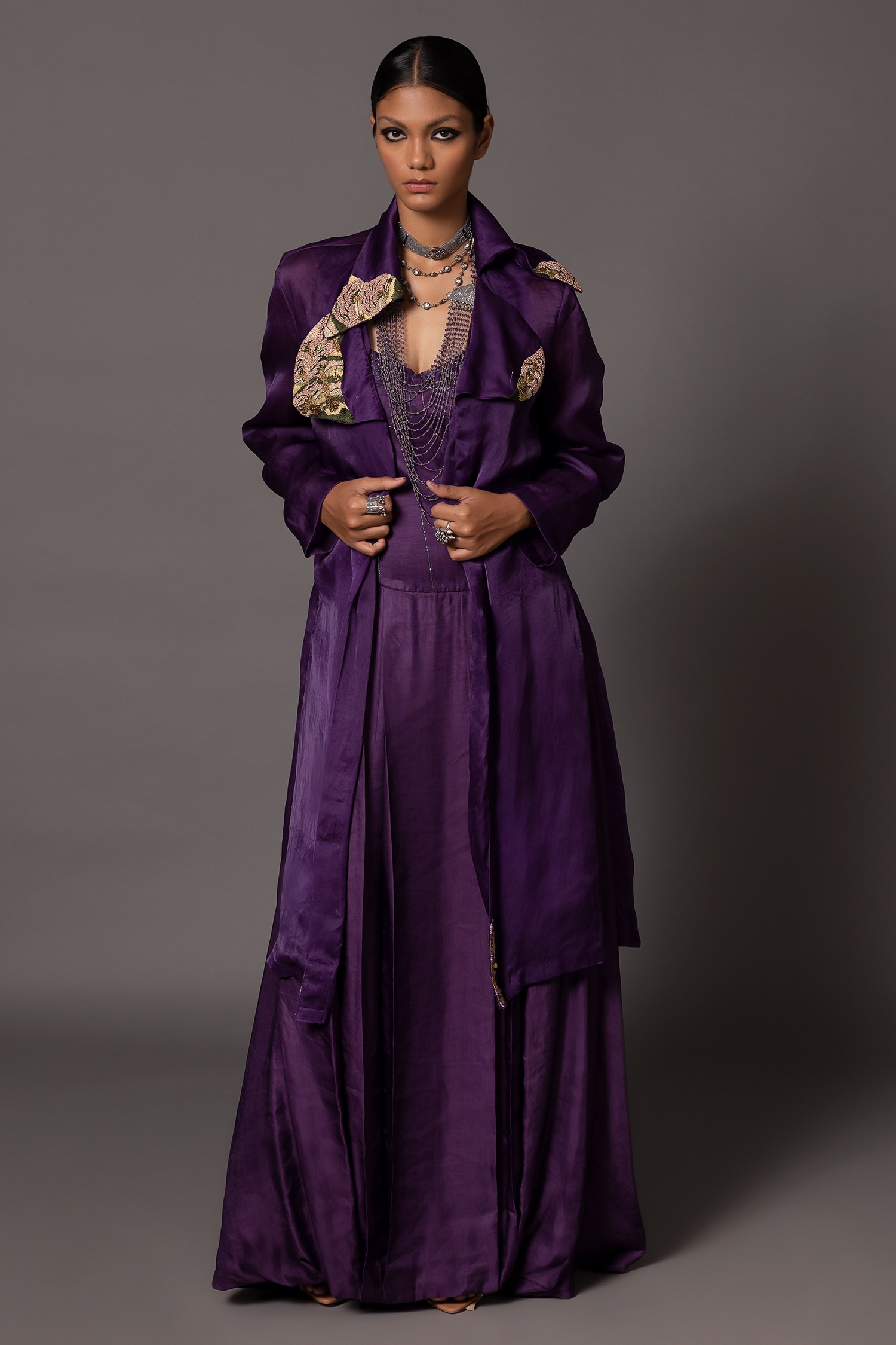 Buy Purple Linen Satin Embroidered Thread Jacket Metallic With Gown For ...