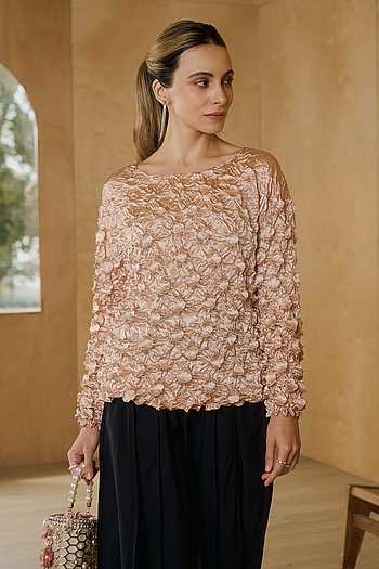 Buy Gold Flower Crushed Satin Textured Round Neck Harper Blouse For ...