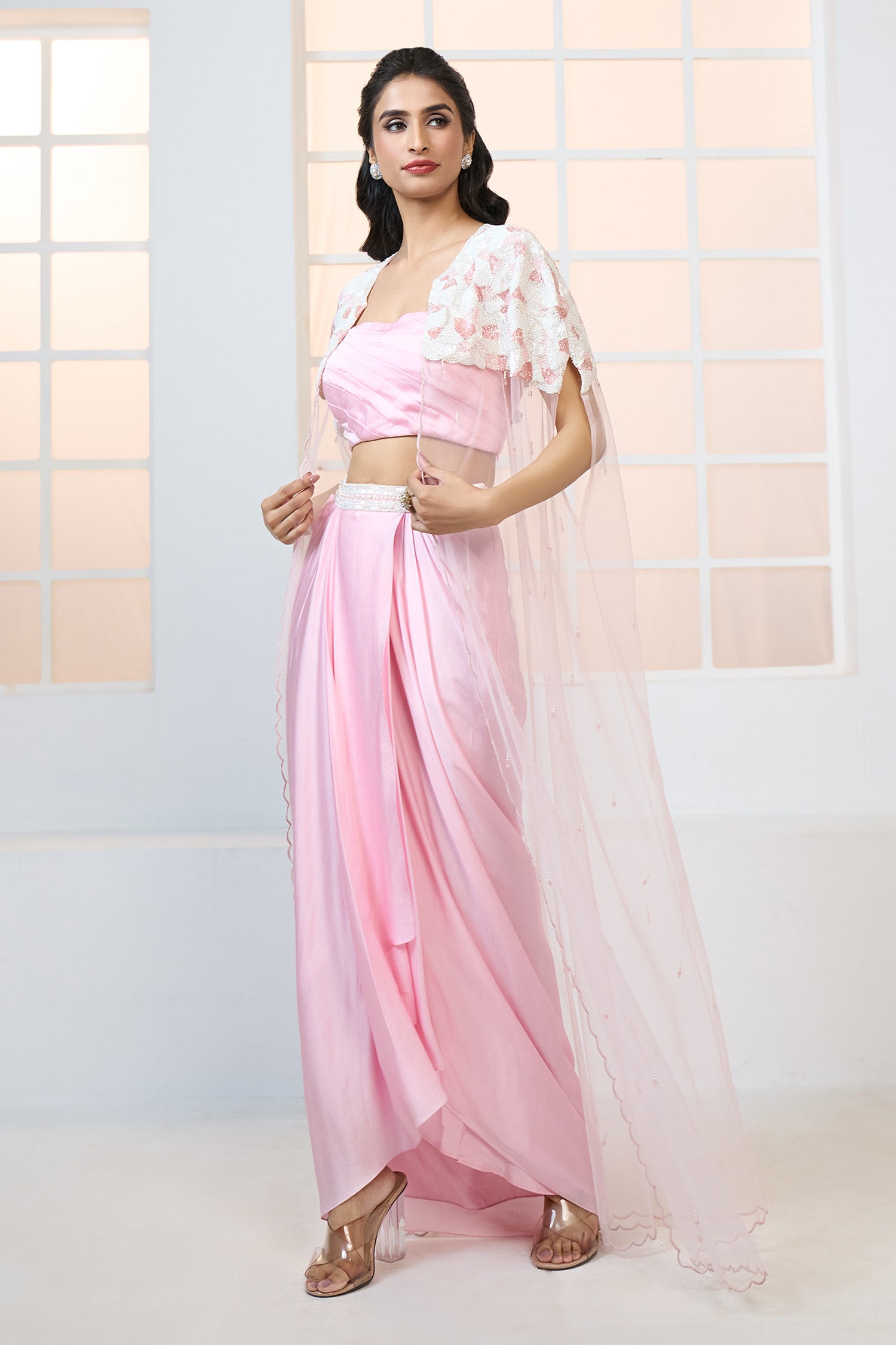 Buy Pink Bustier And Draped Skirt- Modal Satin Hand Cape With Set For ...