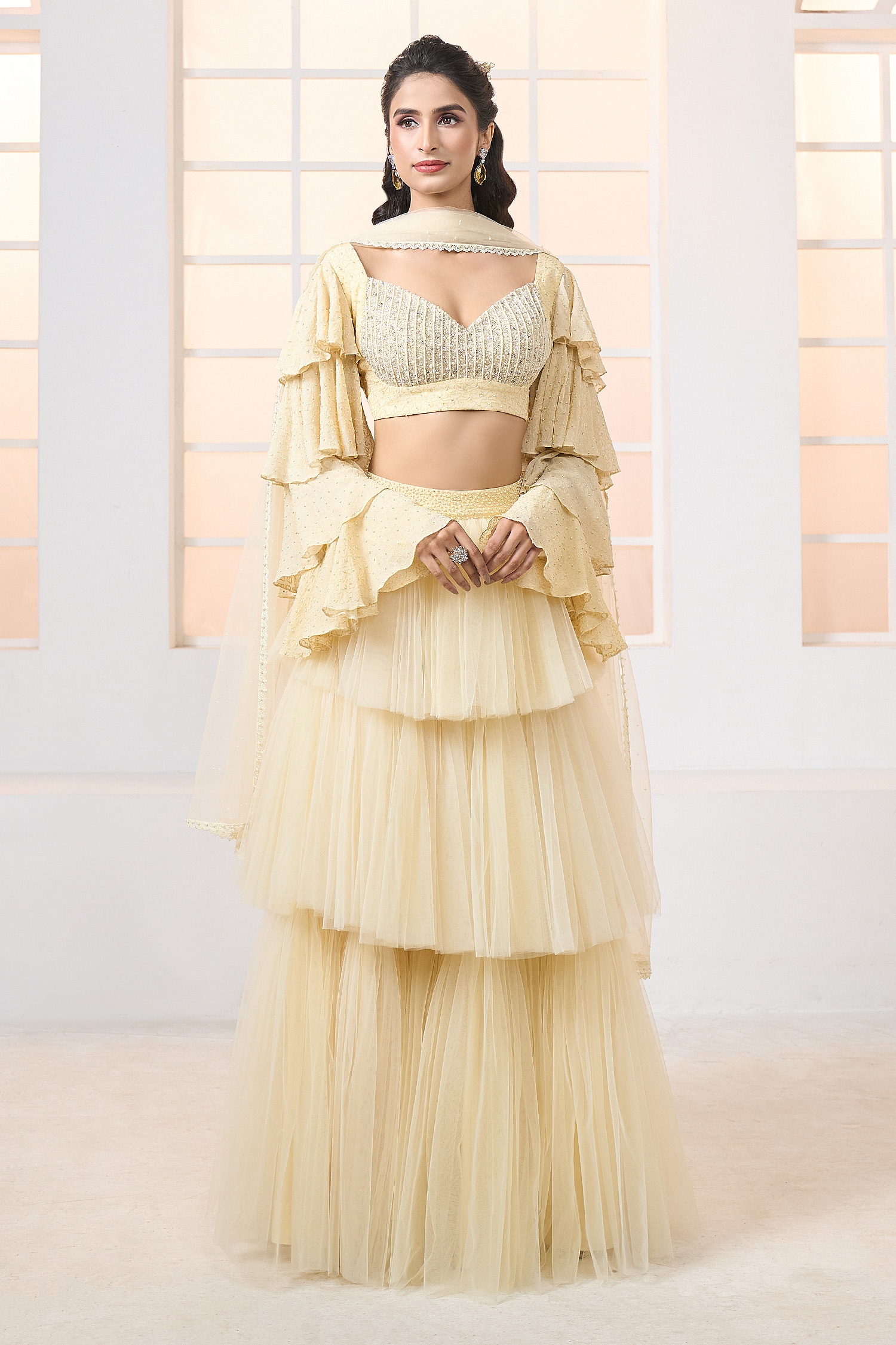 Buy Yellow Blouse- Viscose Georgette Hand Embroidered Plunged Layered ...