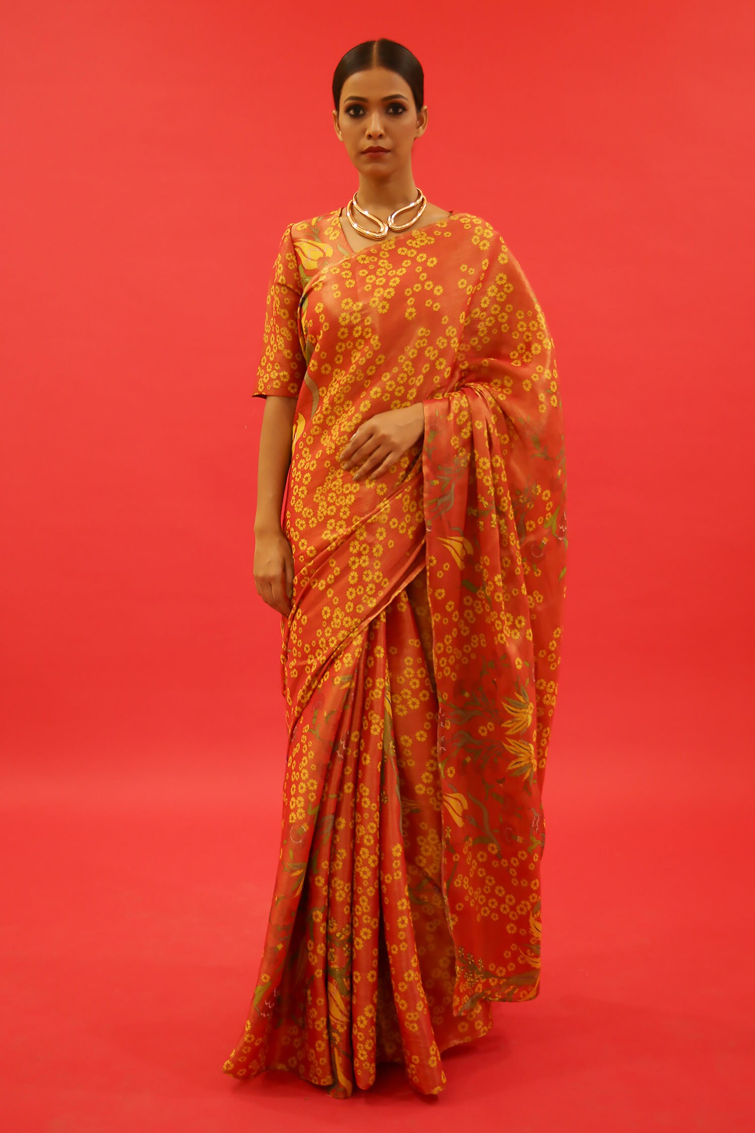 Buy Orange Tissue Hand Surmayi Saree With Unstitched Blouse Piece For ...