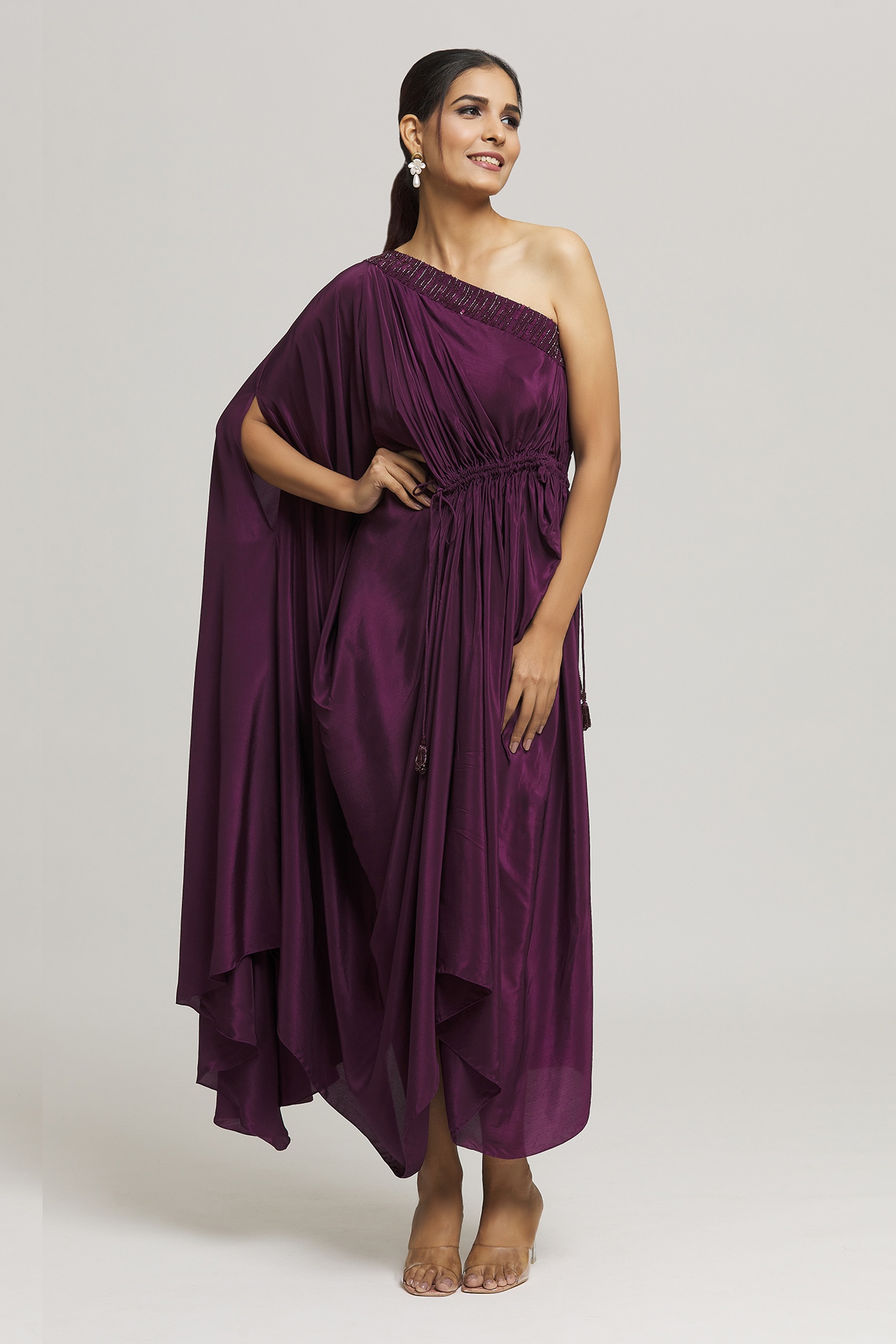 Buy Purple Crepe Solid One Shoulder Mohini Draped Dress For Women by ...