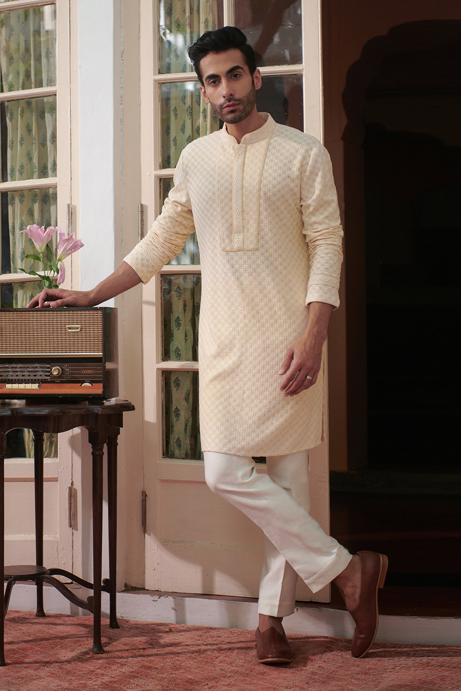 Buy Yellow 100% Silk Embroidered Thread Arzoo Kurta For Men by Philocaly Online at Aza Fashions.