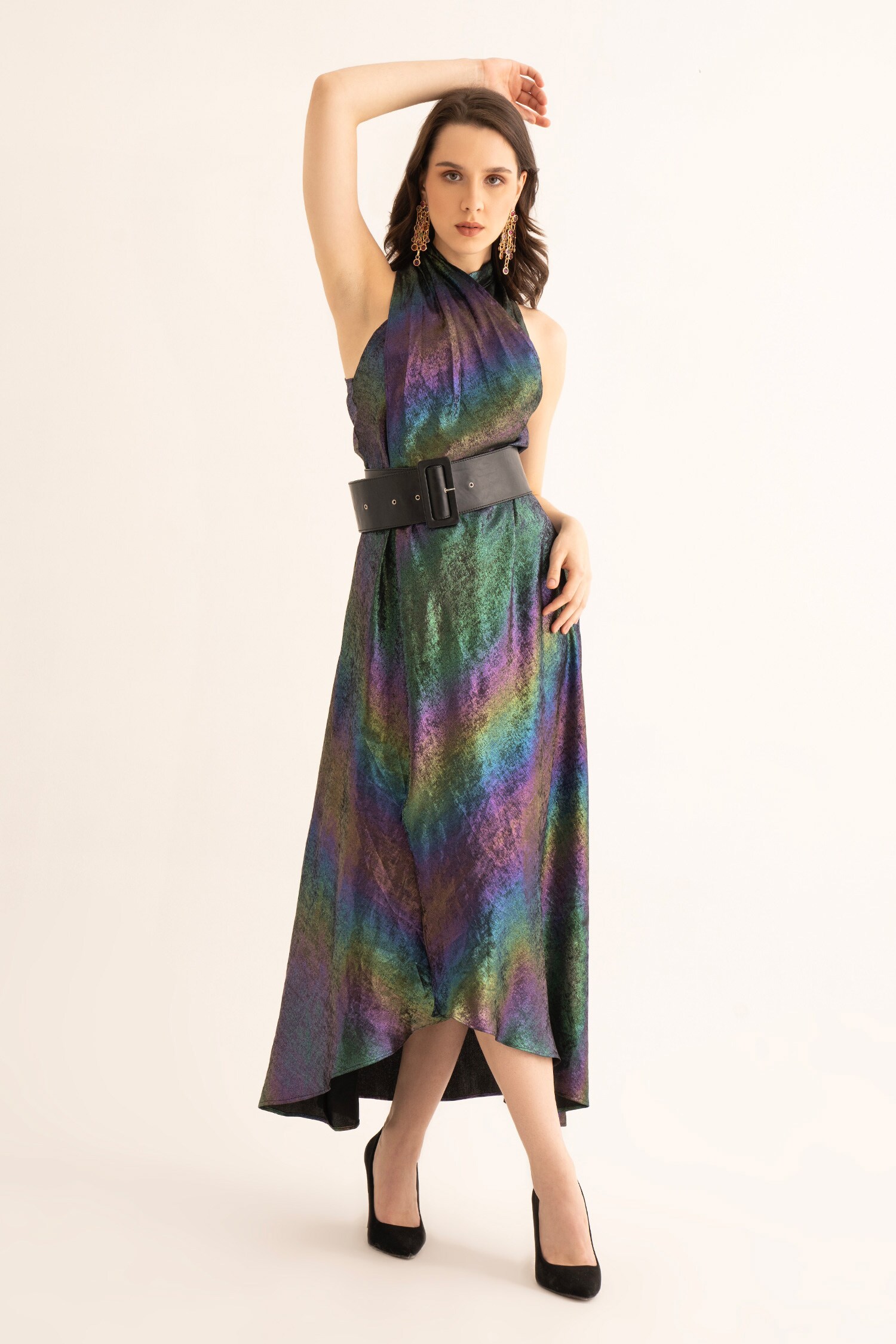 Buy Multi Color Poly Blend Plain Halter Nightfall Shimmer Draped Dress ...