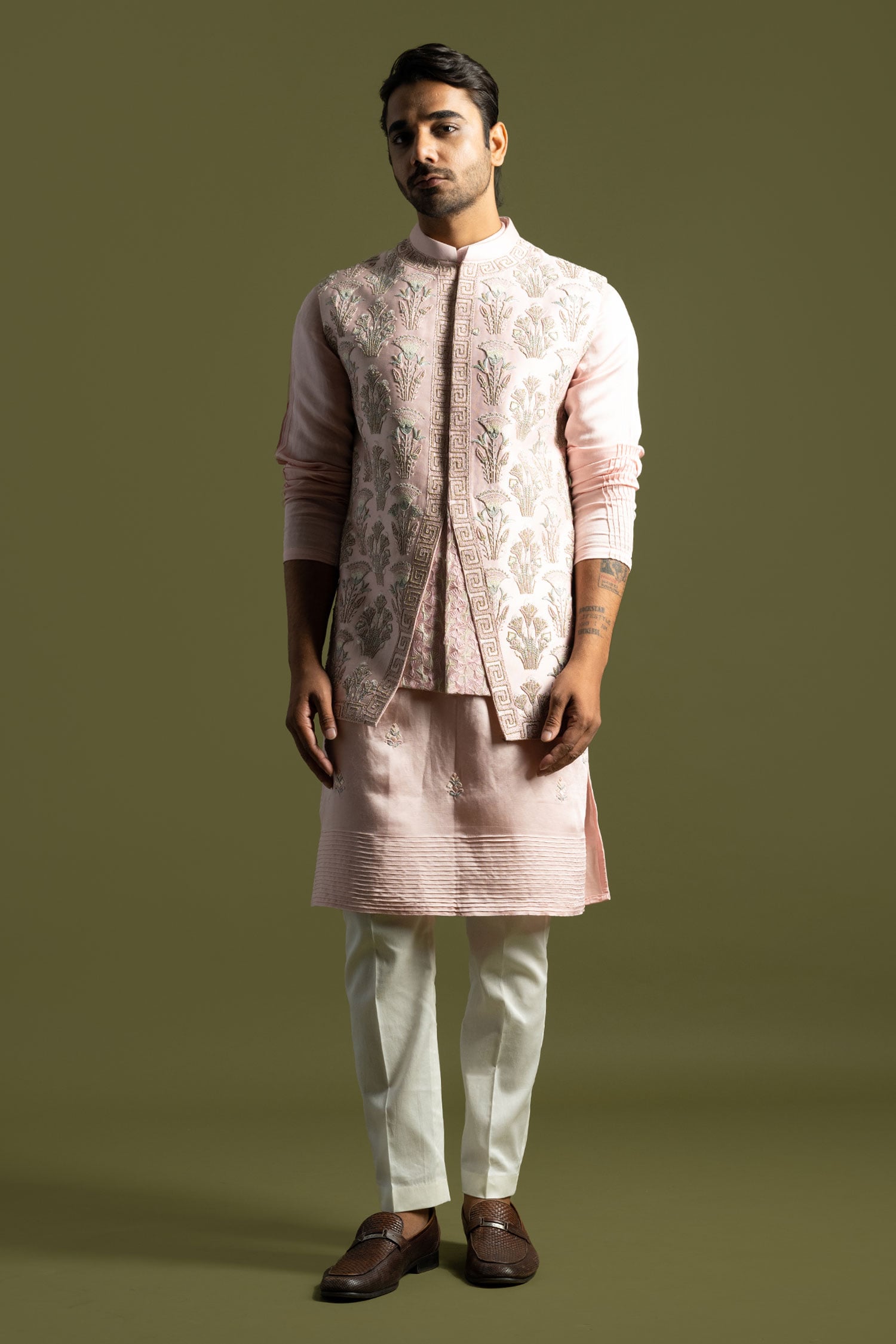 Buy Pink Chanderi Silk Embroidered French Knots Nehru Jacket And Kurta ...