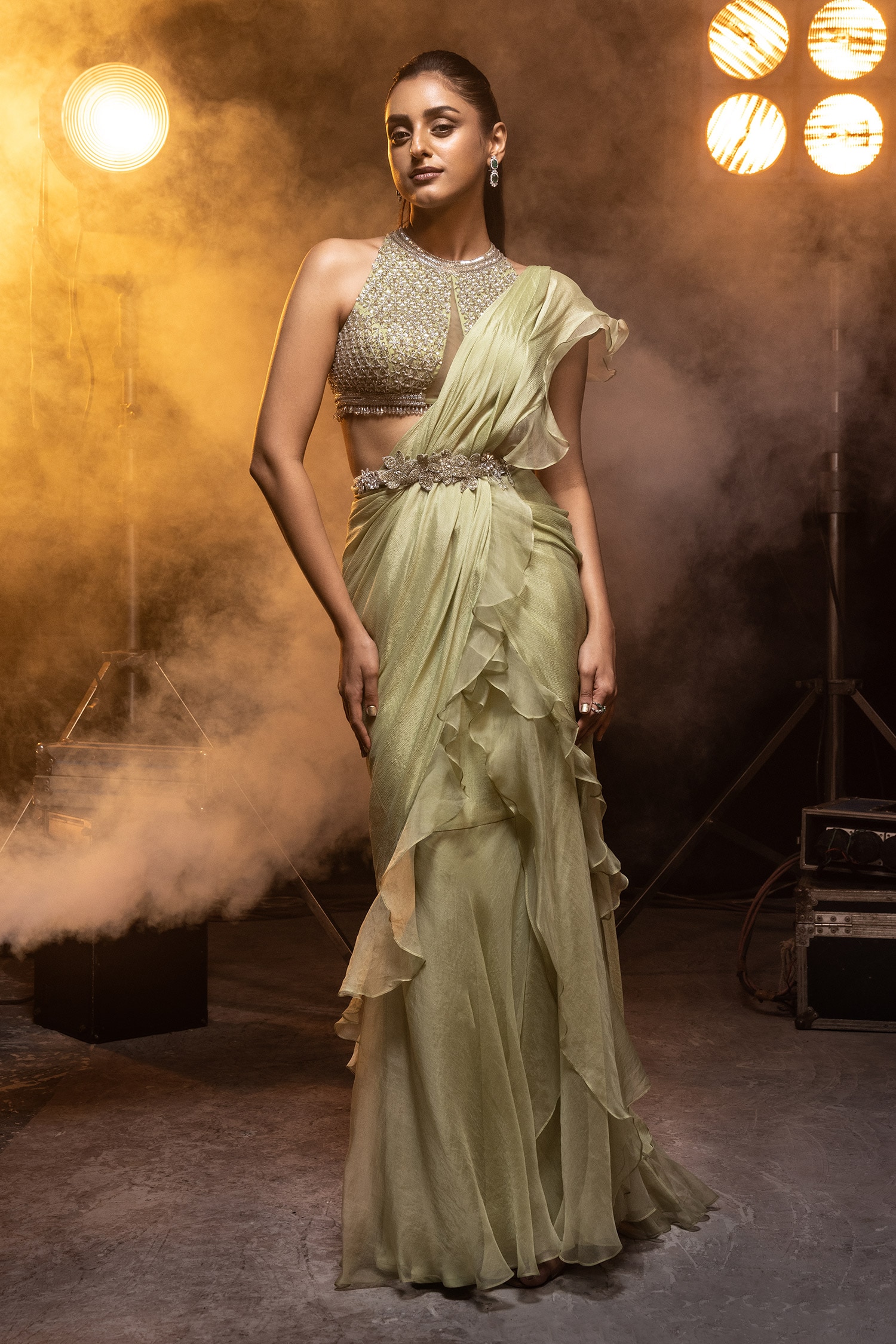 Buy Green Pure Chiffon Hand Ruffle Pre-stitched Saree Set With Belt For ...