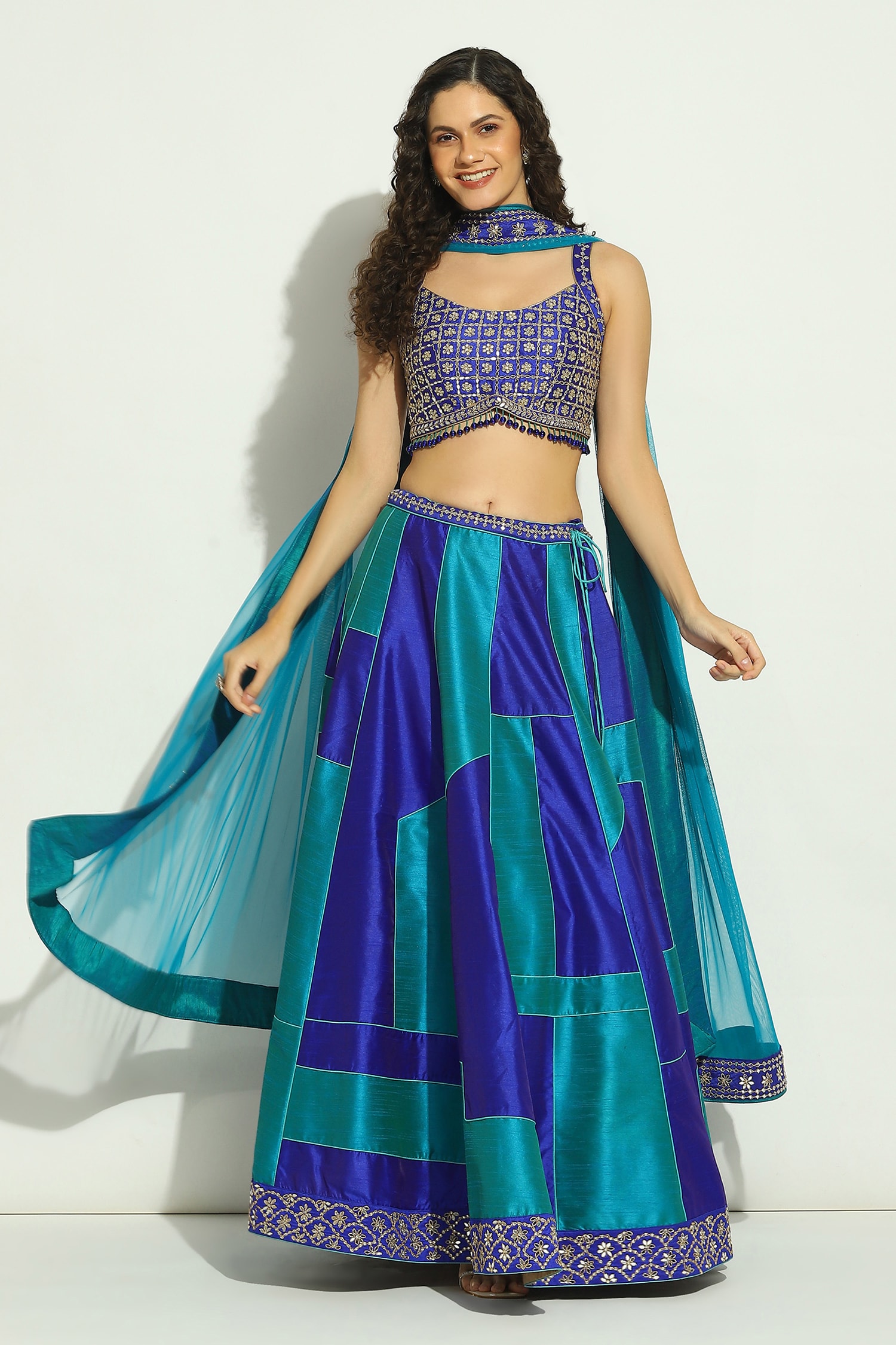 Buy Blue Dupion Silk Embroidery Geometric Scoop Patchwork Lehenga Set ...
