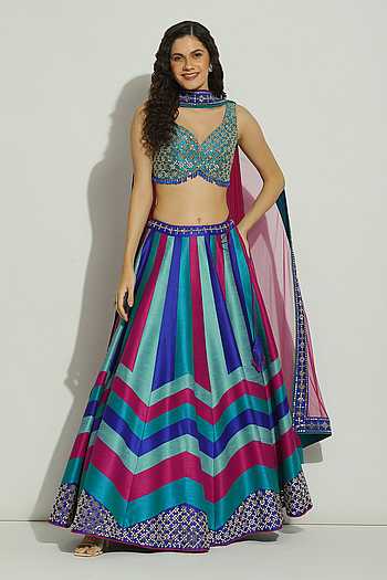 Buy Blue Dupion Silk Embroidery Chevron Leaf Neck Pattern Lehenga Set ...