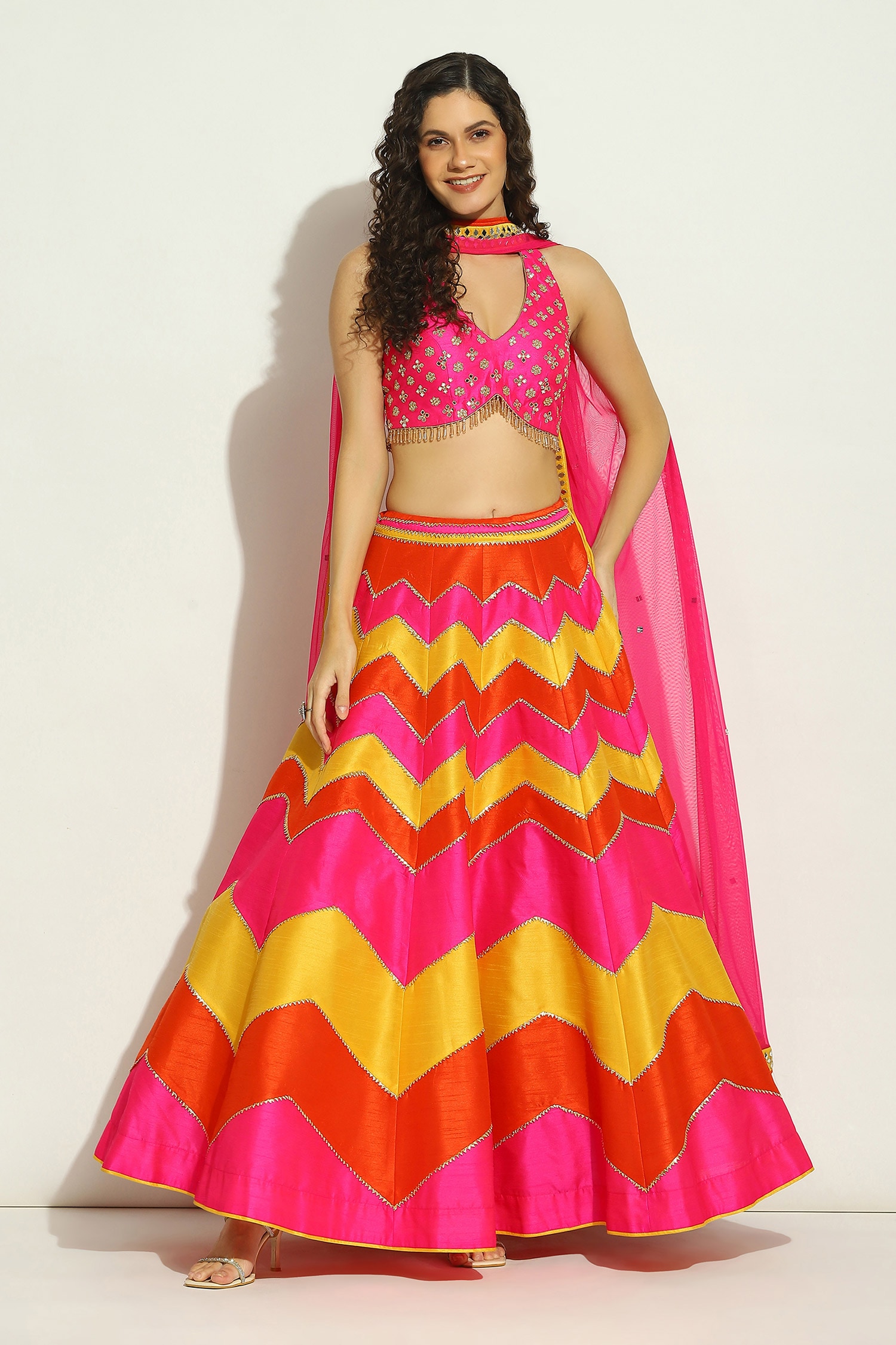 Buy Multi Color Dupion Silk Embroidery Chevron Halter Neck Lehenga Set