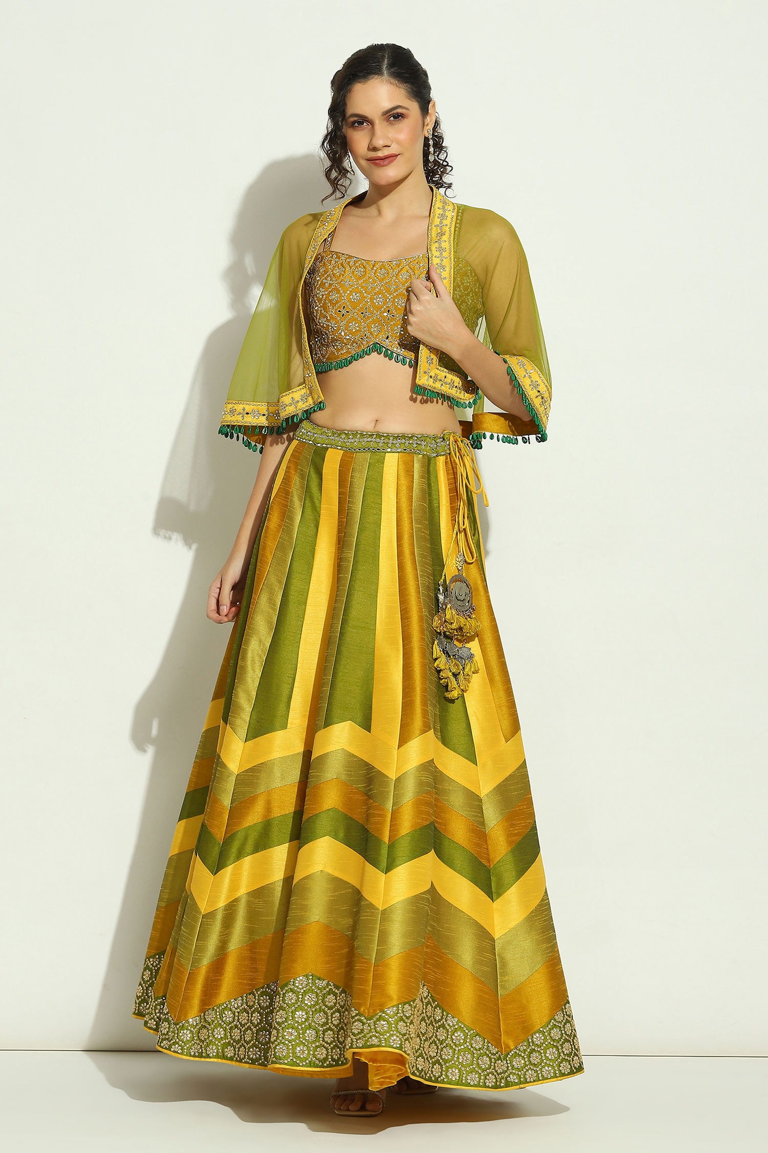 Buy Yellow Dupion Silk Embroidery Chevron Pattern Lehenga Set With