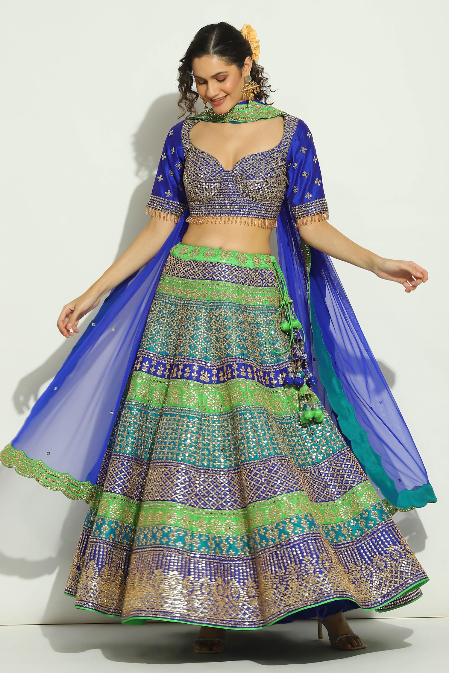 Buy Multi Color Dupion Silk Embroidery Mirror Leaf Neck Lehenga Blouse