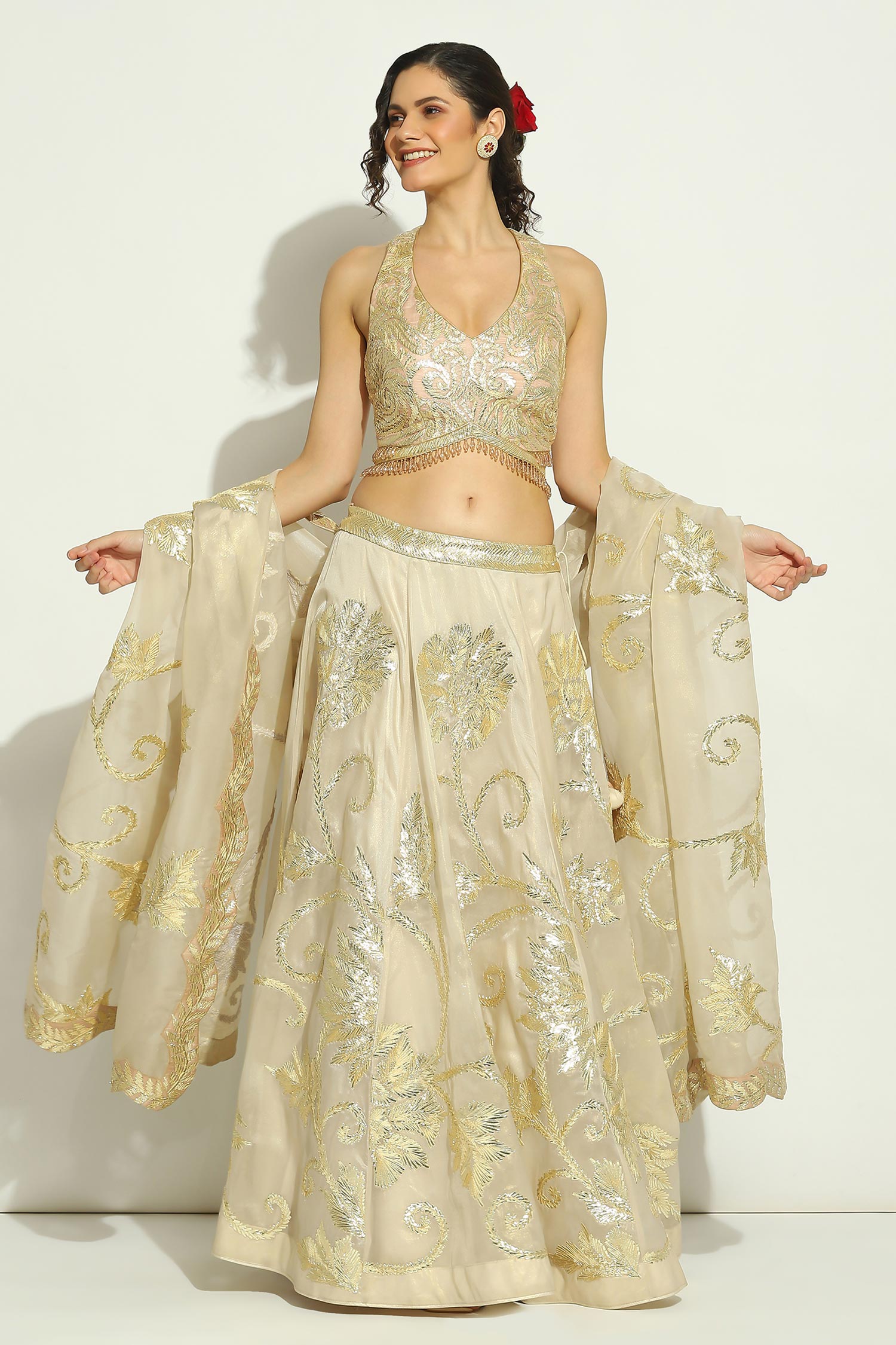 Buy Ivory Organza Embroidery Gota Halter Neck Work Lehenga Blouse Set ...