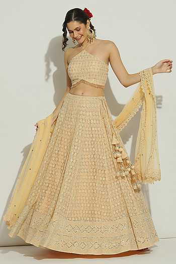 Buy Peach Net Embroidery Chikankari Halter Neck Floral Lehenga Set For ...