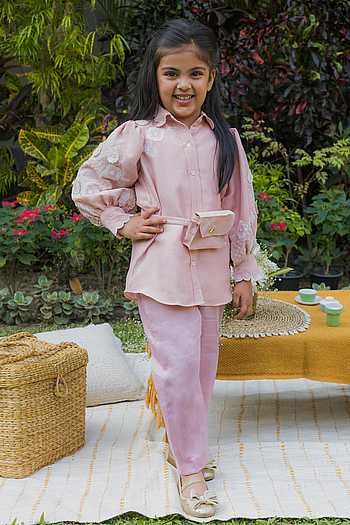 Buy Pink Silk Embroidered Applique Blossom 3-d Floral Shirt Pant Set ...
