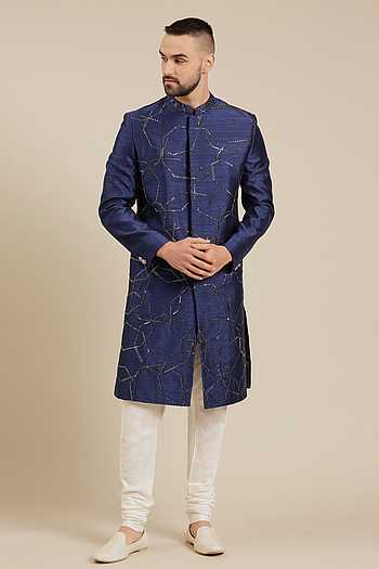 Buy Blue Silk Slub Embroidered Angular Pattern Sherwani With Churidar ...