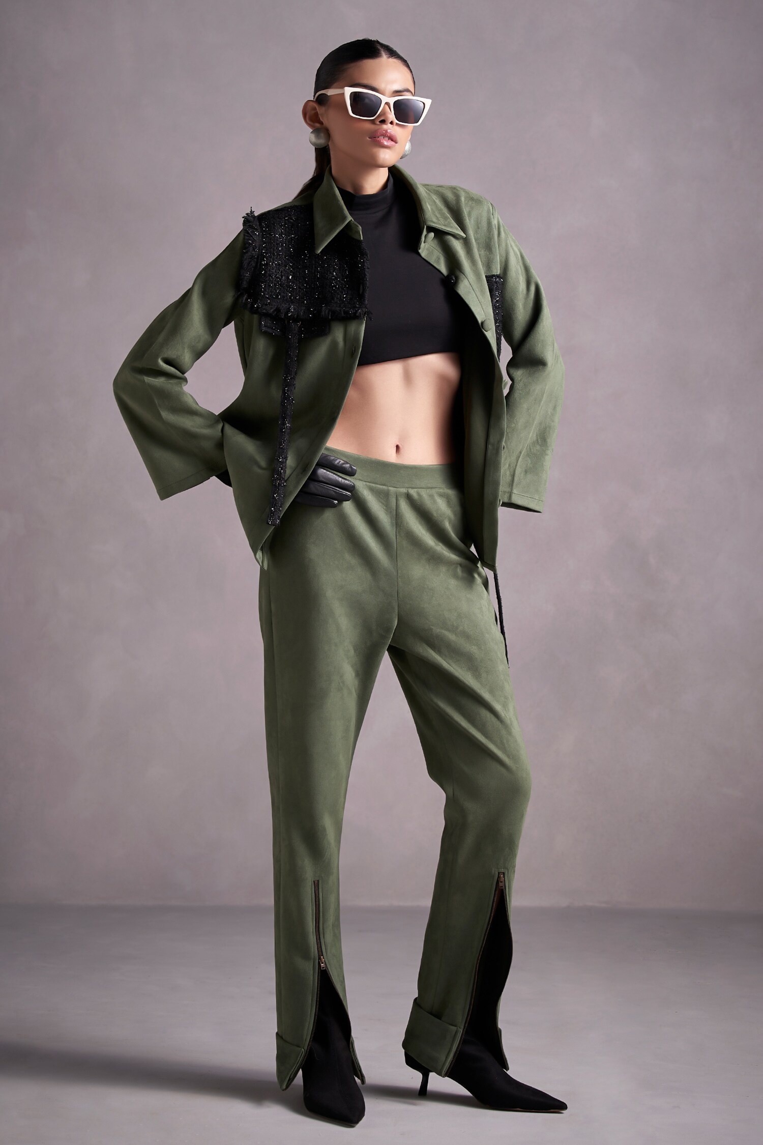 Buy Green Suede Knitted Collar Ivanna Panelled Jacket And Pant Set For ...