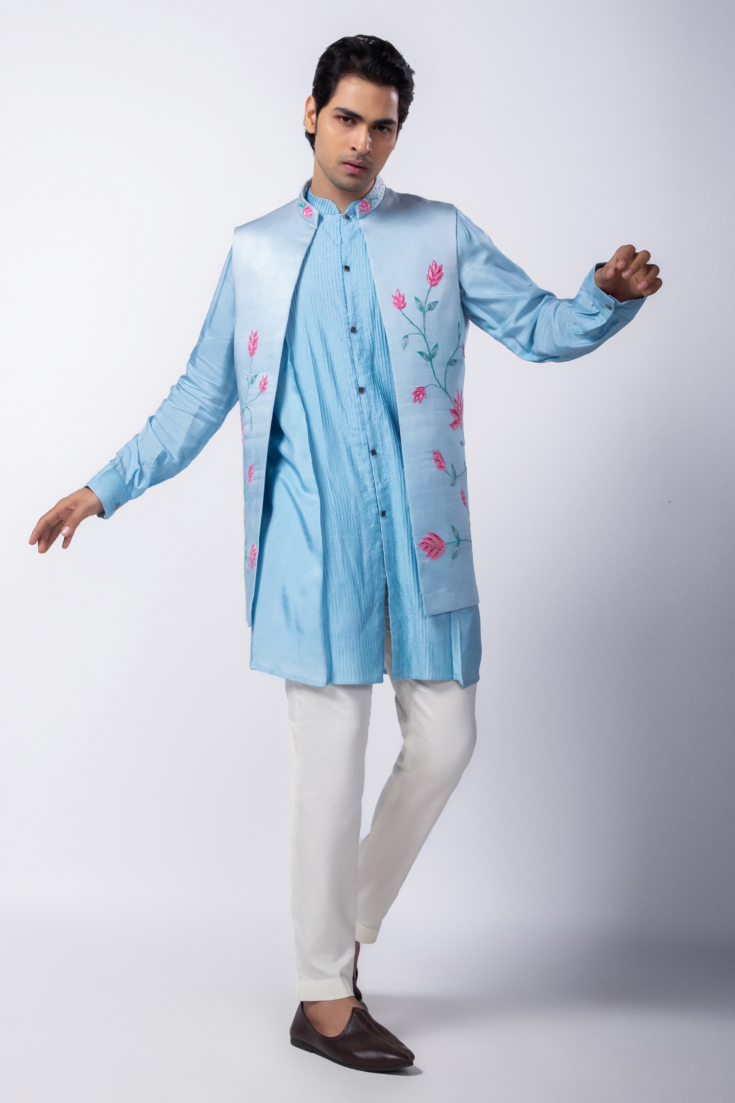 Buy Blue Linen Satin Hand Embroidered Floral Nayan Nehru Jacket For Men ...