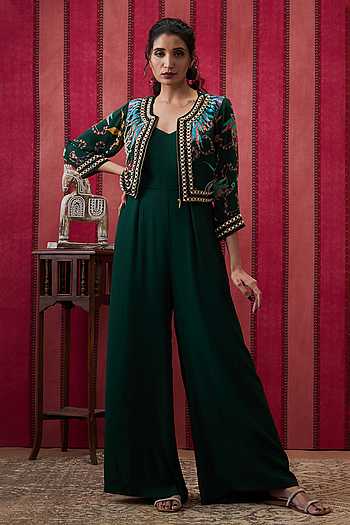 Buy Green Crepe Embroidered Thread Open Aisha Plain Jumpsuit With ...