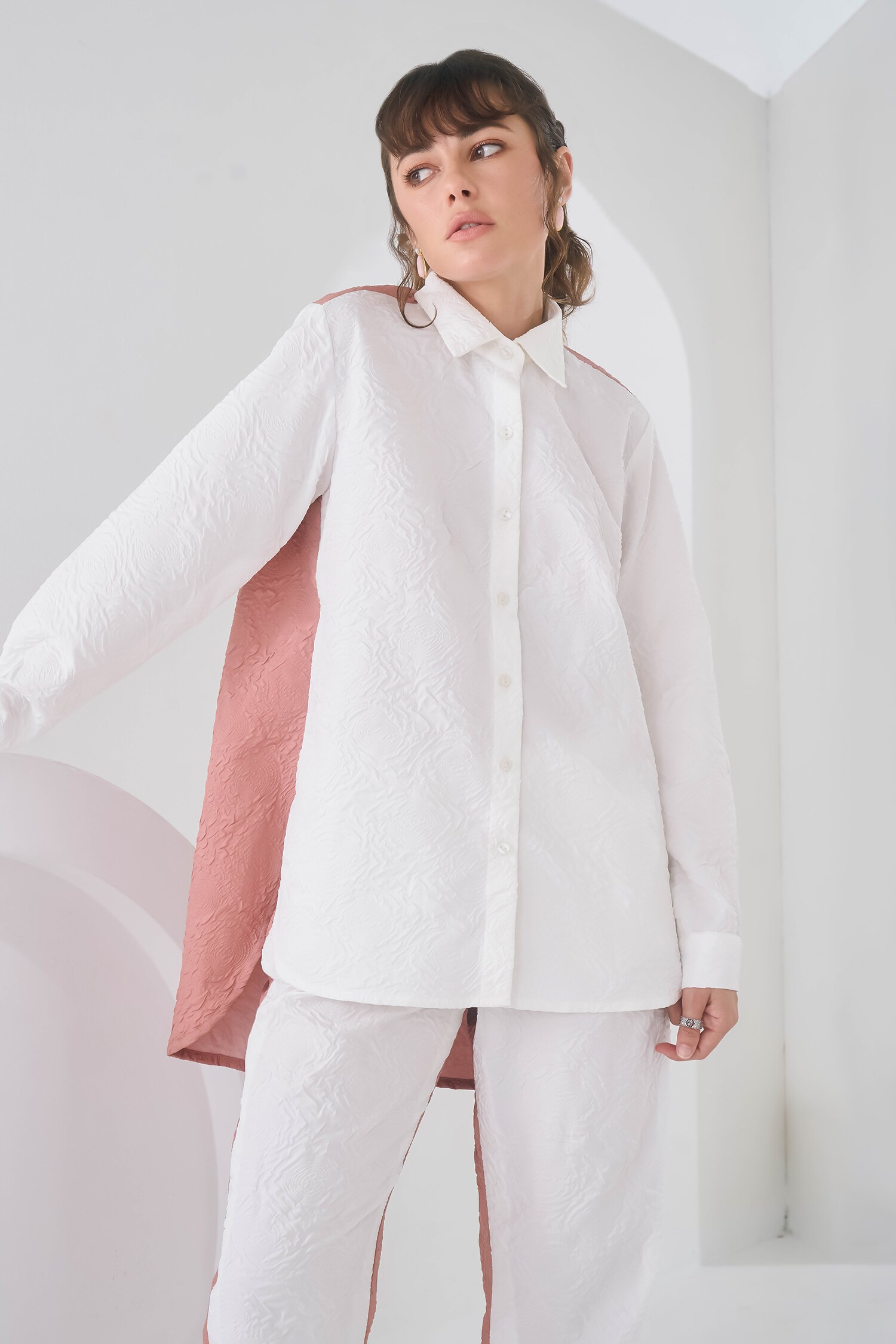 Buy Pink Crushed Crepe Plain Colorblock Full Sleeve Shirt And Pant Set ...