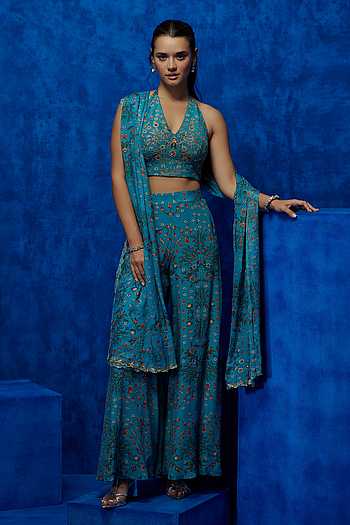 Buy Blue Natural Crepe Printed And Hand Embroidered Celestial Top Pant ...