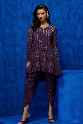Buy Purple Natural Crepe Printed And Hand Regal Kurta & Dhoti Pant Set ...