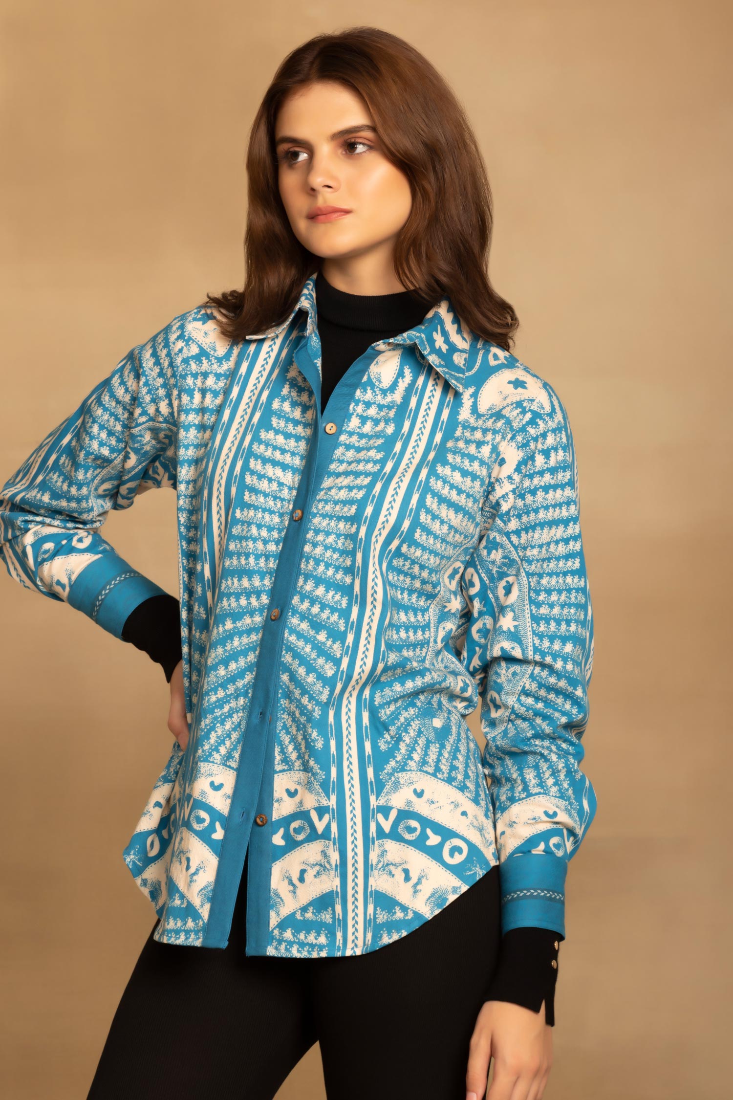 Buy Blue 100% Cotton Twill Printed Abstract Shirt Collar Samira ...