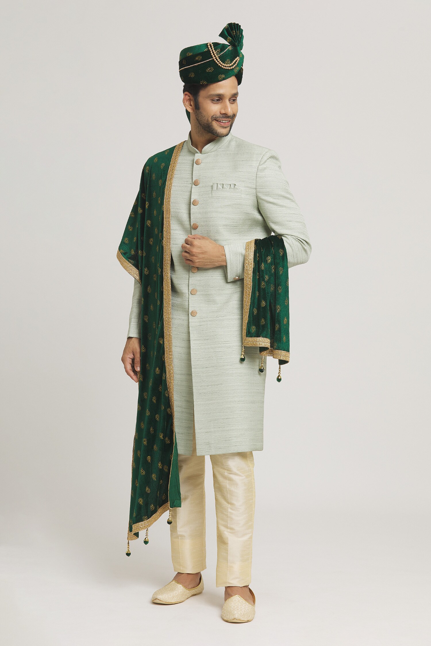 Buy Green Zari And Lace Work Velvet Embroidered Dupatta & Safa Set by ...