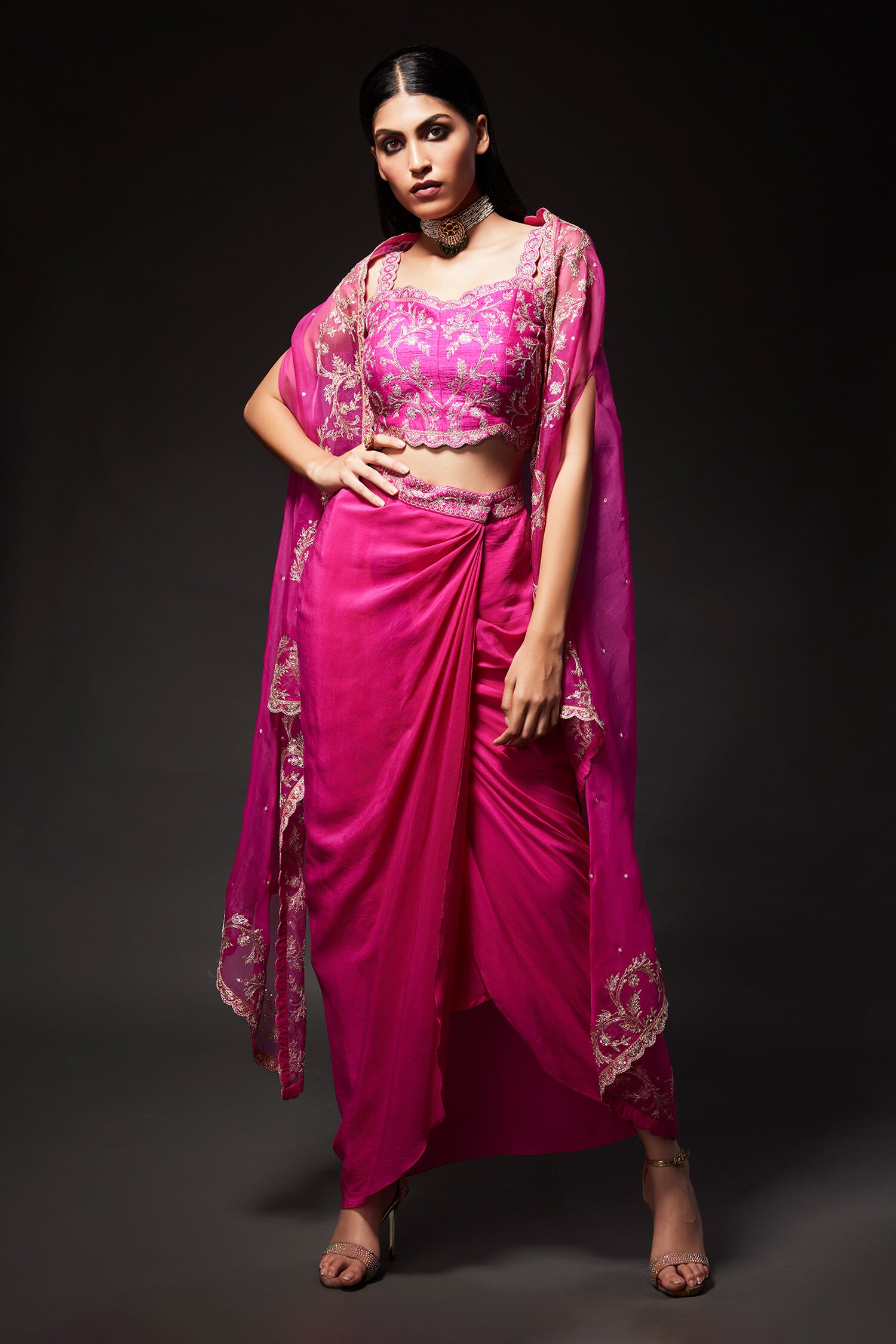 Buy Pink Blouse Pure Raw Silk Embroidered Sequin Sheer Zari Skirt Set ...