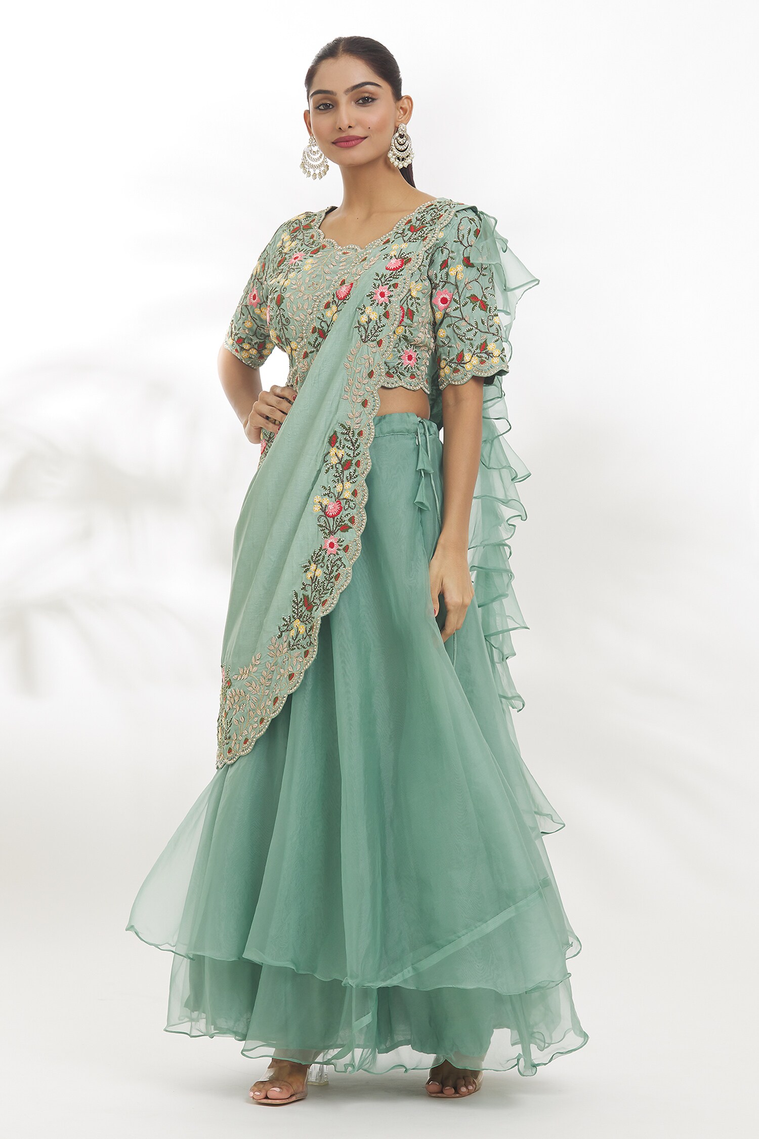 Buy Green Dola Embroidered Resham Flowers Zardosi Blouse Lehenga Set ...