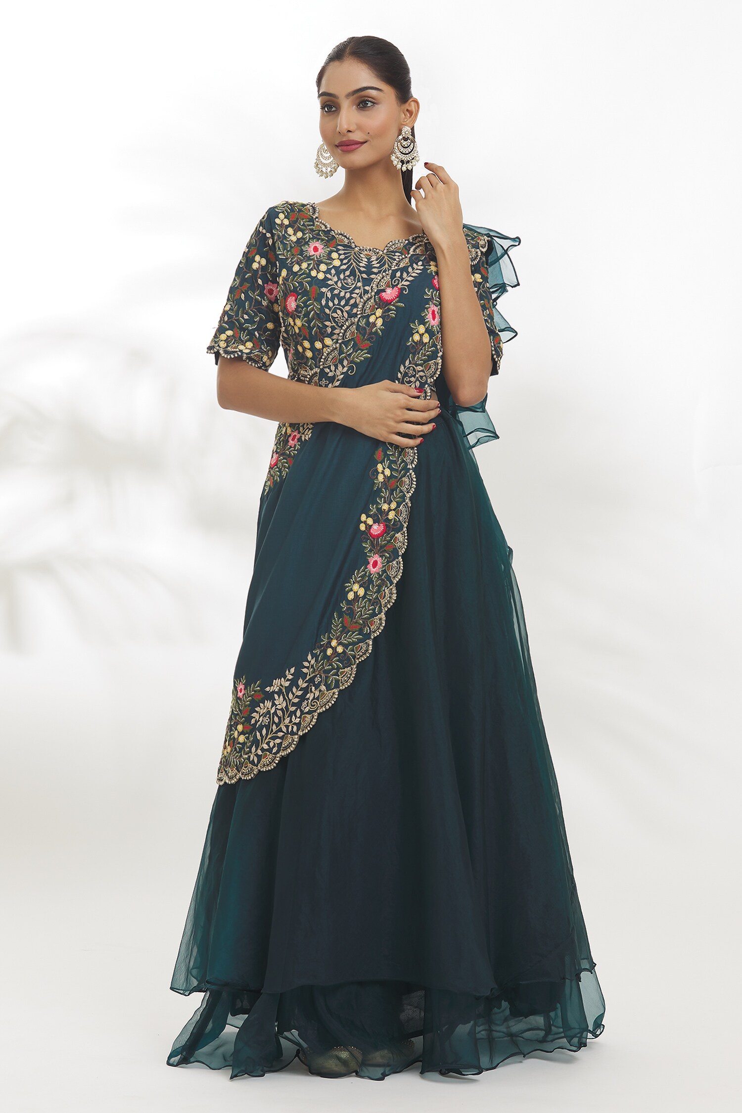 Buy Blue Dola Embroidered Resham Flowers Round Blouse Lehenga Set For ...